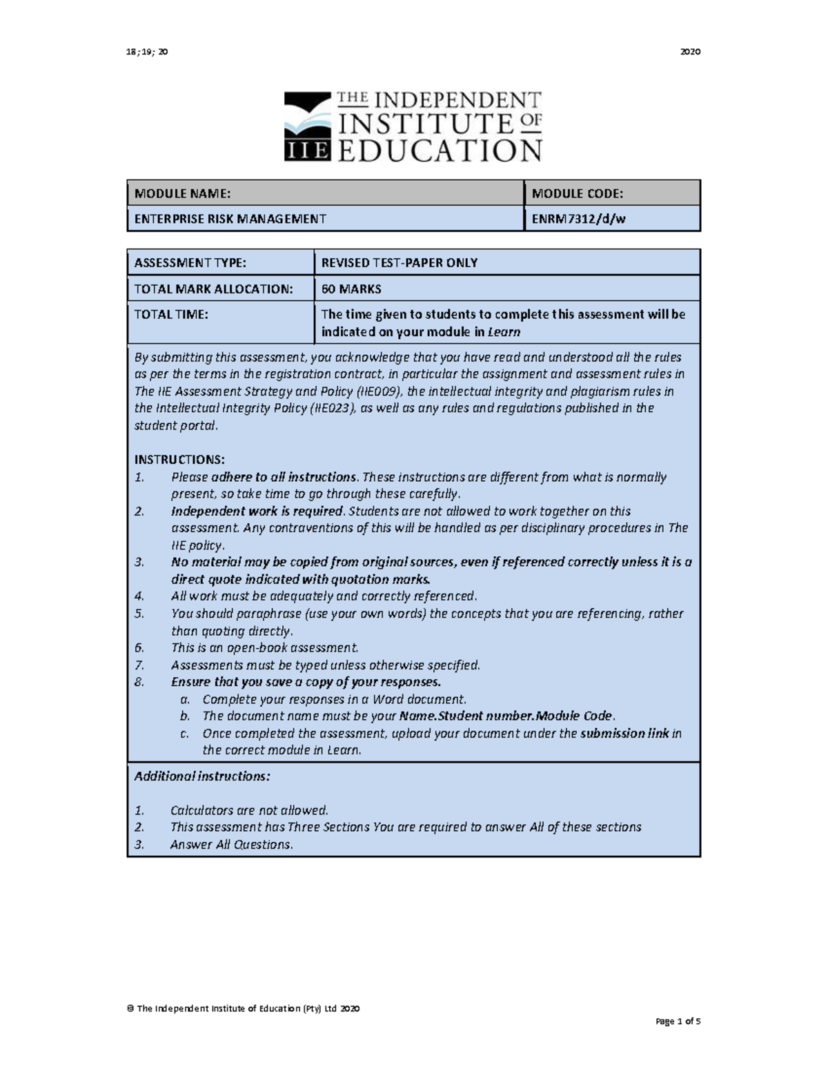 ENRM7312T1 C19 - Test one question paper - © The Independent Institute ...