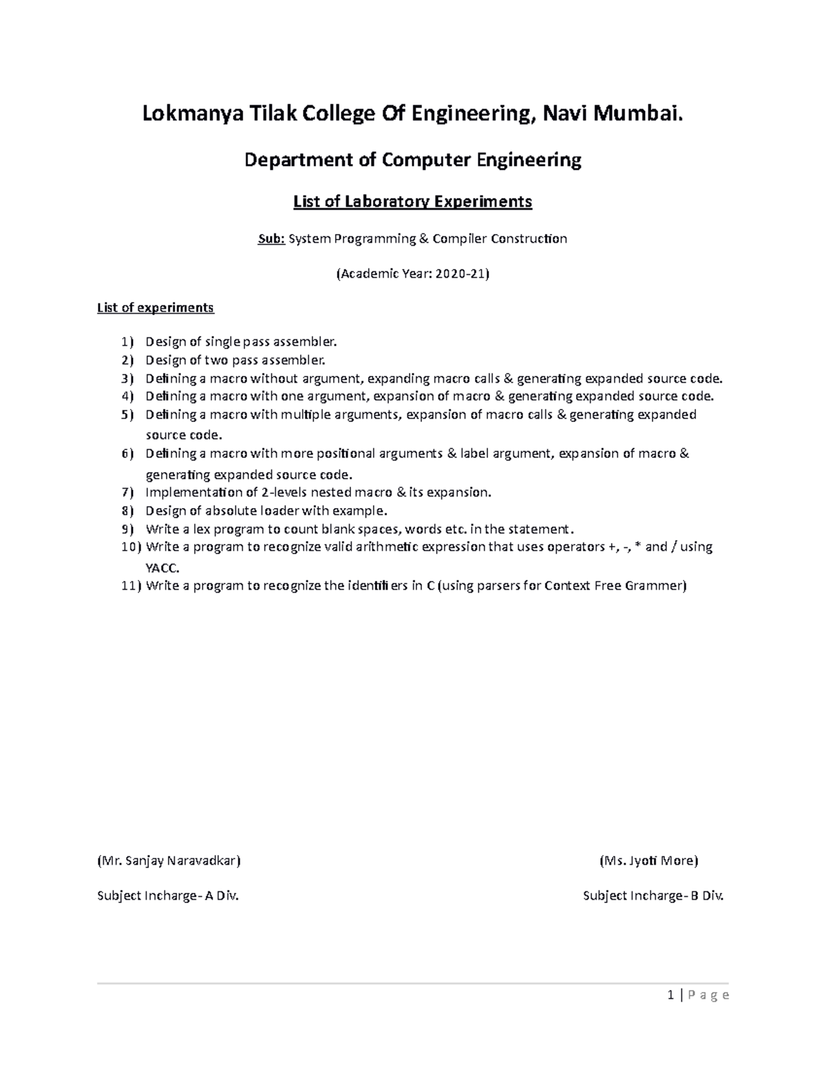 List of experiments & Lab Manual 2020-21 - Lokmanya Tilak College Of Engineering, Navi Mumbai ...