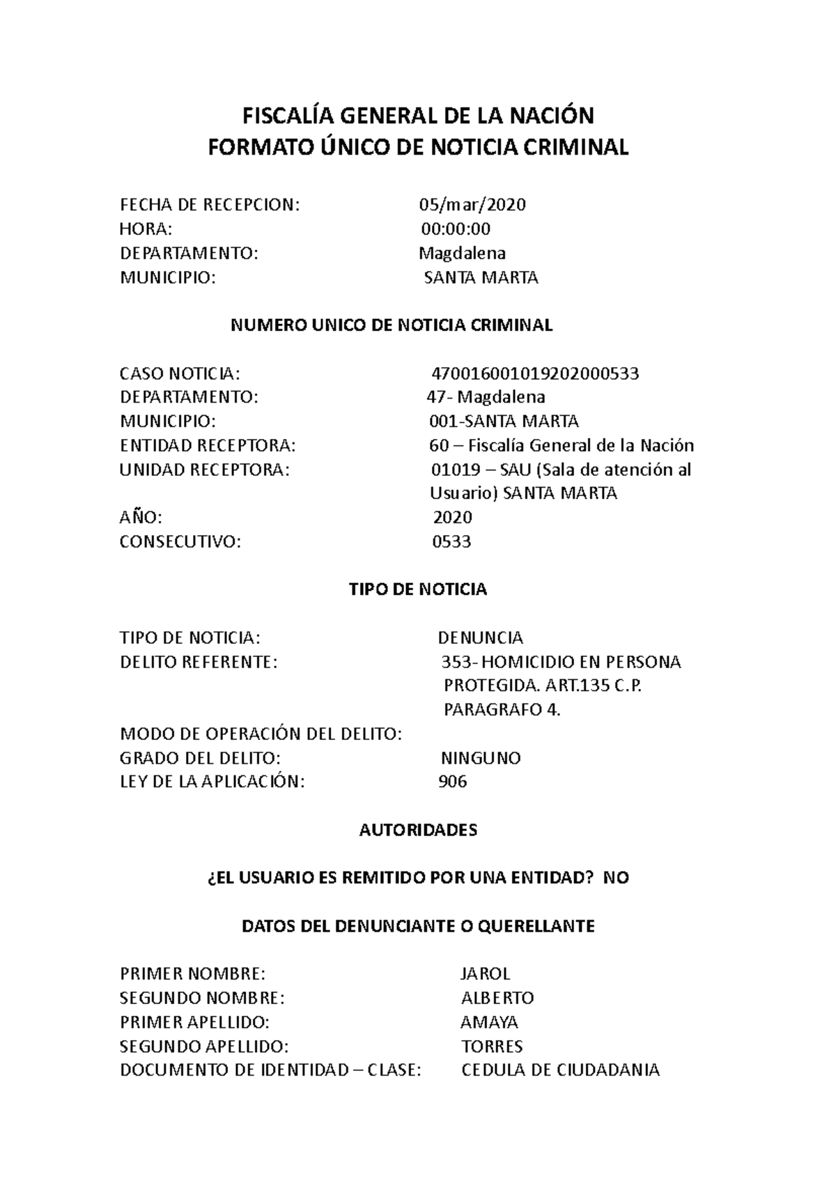 Denuncias De Fiscalias FiscalÍa General De La NaciÓn Formato Único De
