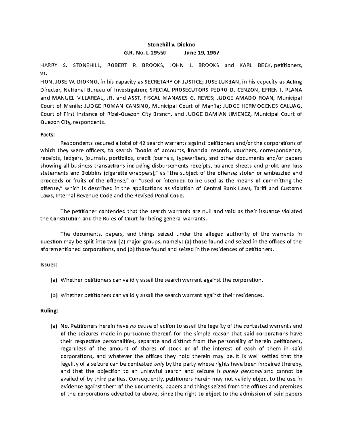 9. Harry Stonehill v. Diokno, G.R. No. L-19550, June 19, 1967 ...