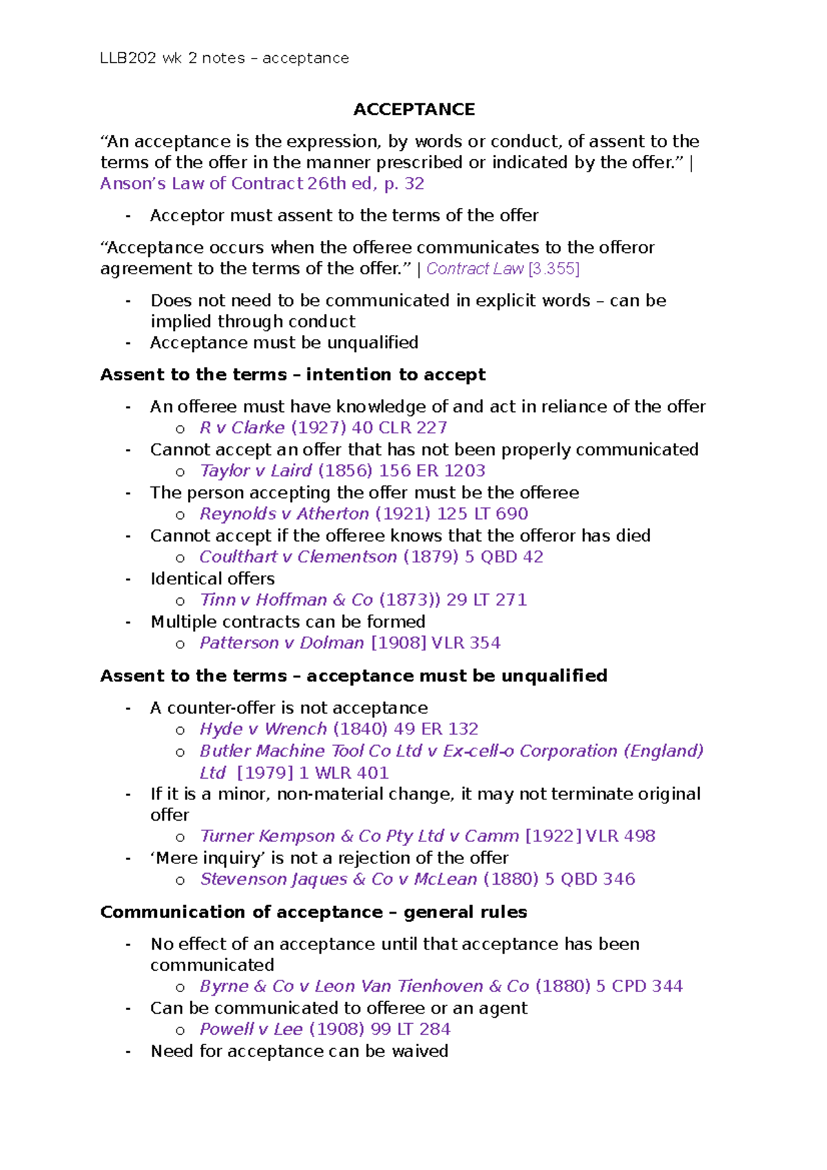 LLB202 week 2 notes - acceptance - LLB202 - QUT - Studocu