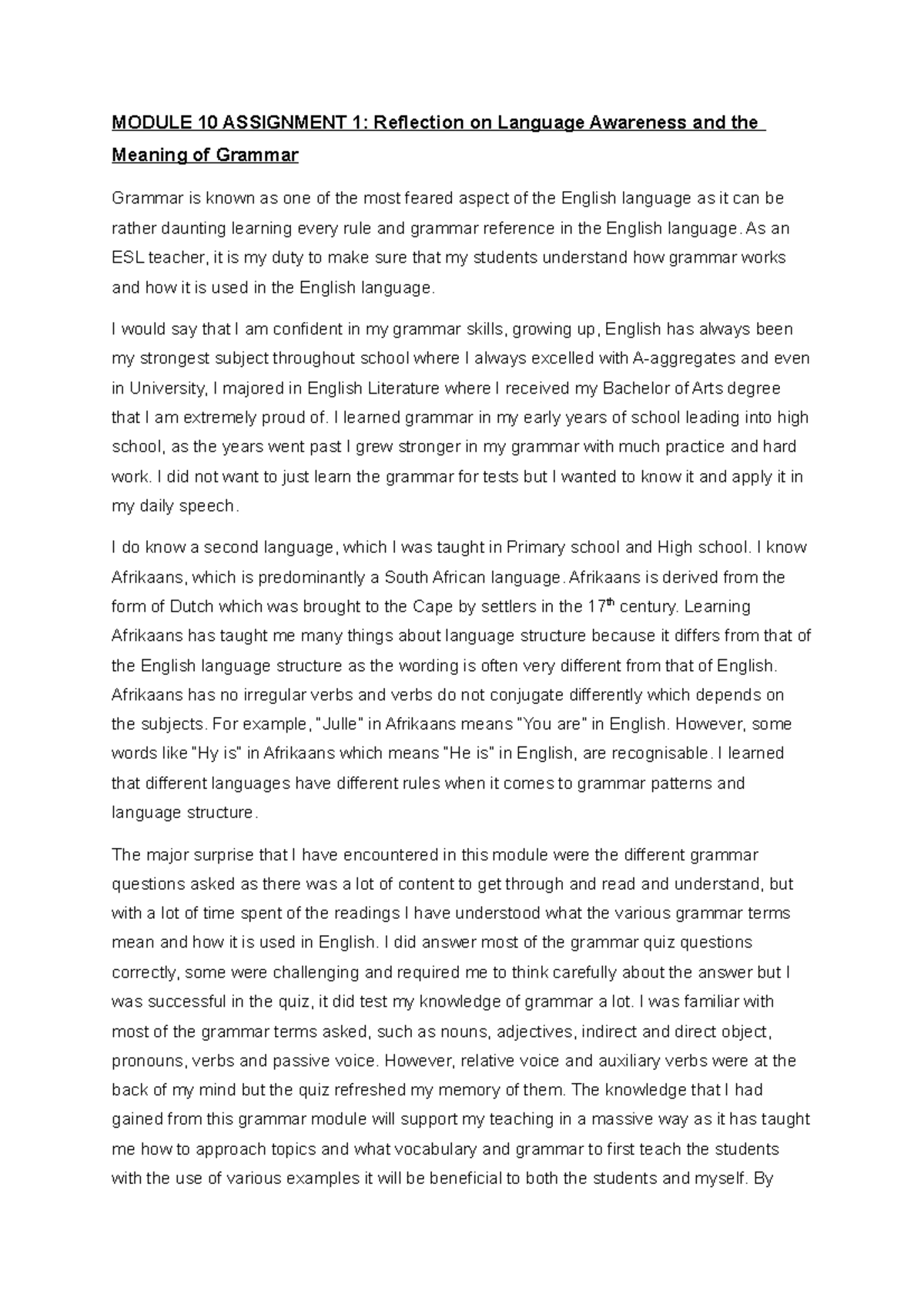 English assignment - MODULE 10 ASSIGNMENT 1: Reflection on Language ...