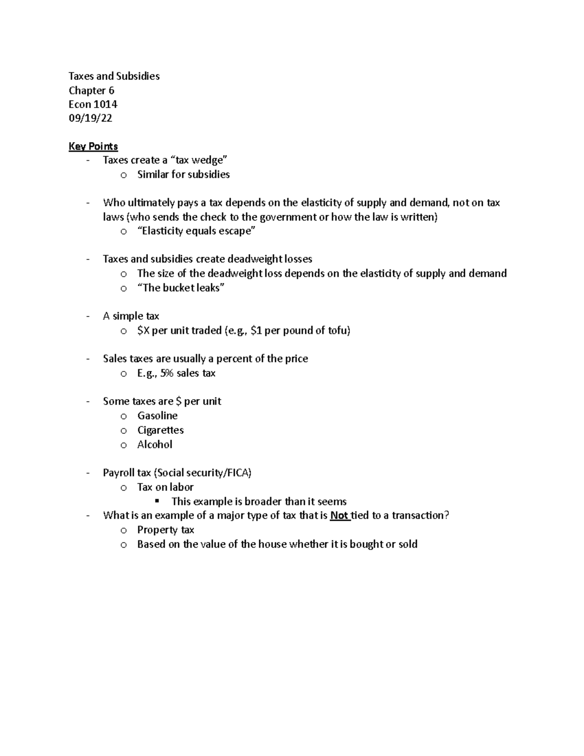 Taxes and Subsidies - Taxes and Subsidies Chapter 6 Econ 1014 09/19 ...