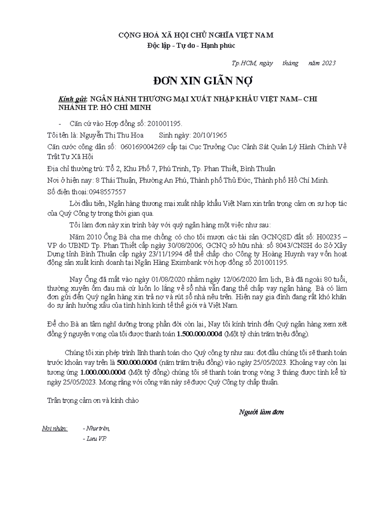 CV Gia Hạn Thanh Toán - Hoàng Huynh - CỘNG HOÀ XÃ HỘI CHỦ NGHĨA VIỆT NAM Độc lập - Tự do - Hạnh ...