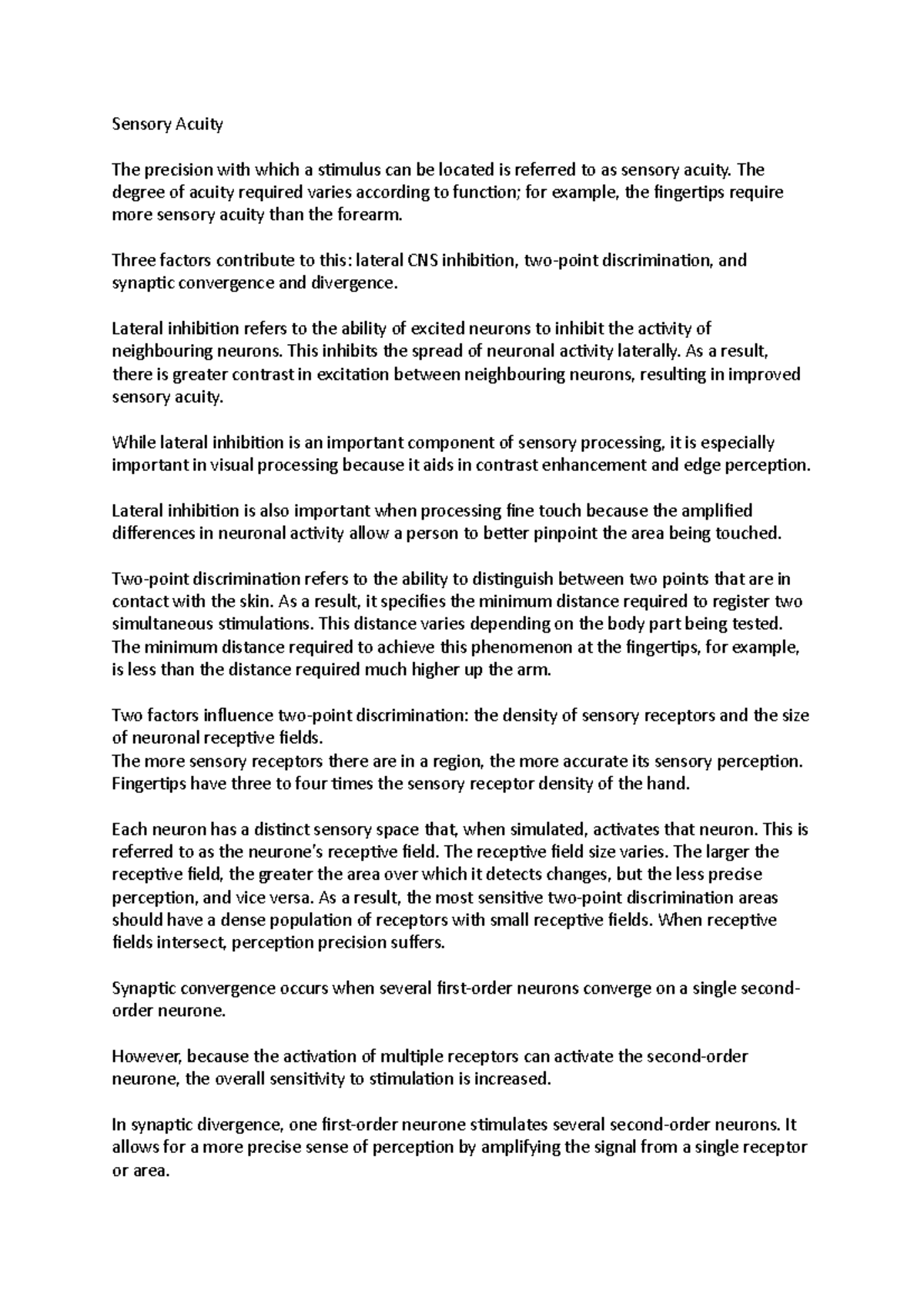 Sensory Acuity - Physiology notes - Sensory Acuity The precision with ...