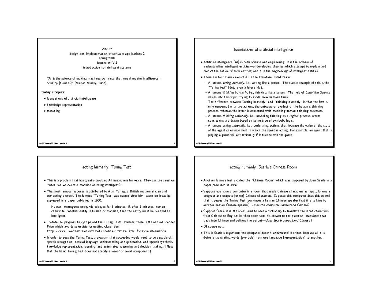 Lec IV - AI Lecture notes - cis20. design and implementation of ...