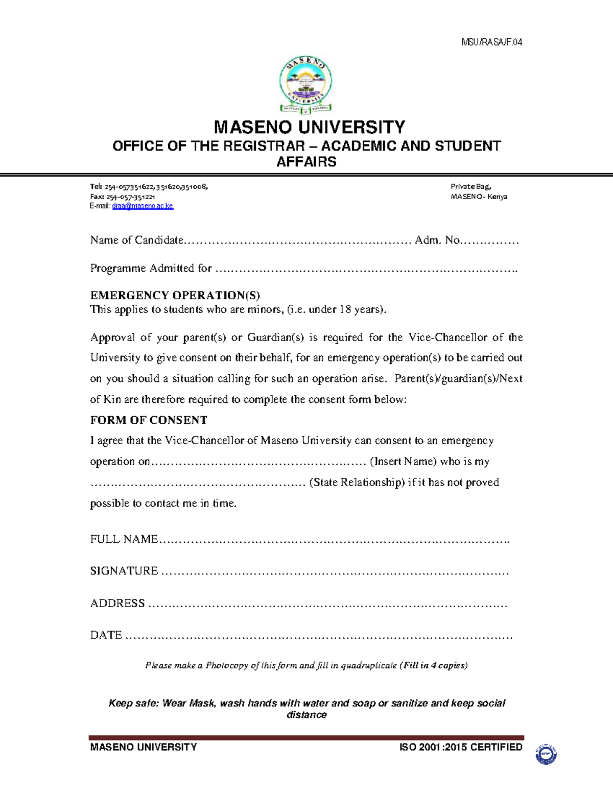 Students Emergency Operation FORM - MSU/RASA/F. MASENO UNIVERSITY ISO ...