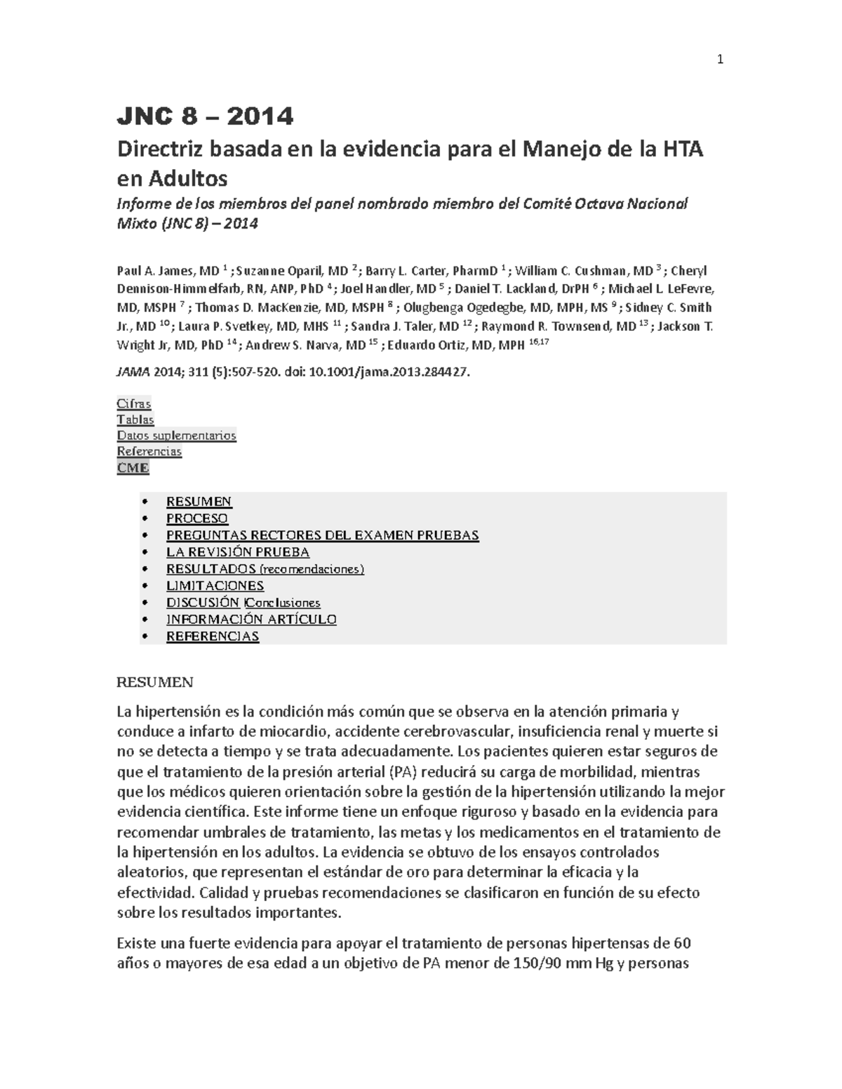 JNC-8-2014 - jnc 8 - Directriz basada en la evidencia para el Manejo de la HTA en - Studocu