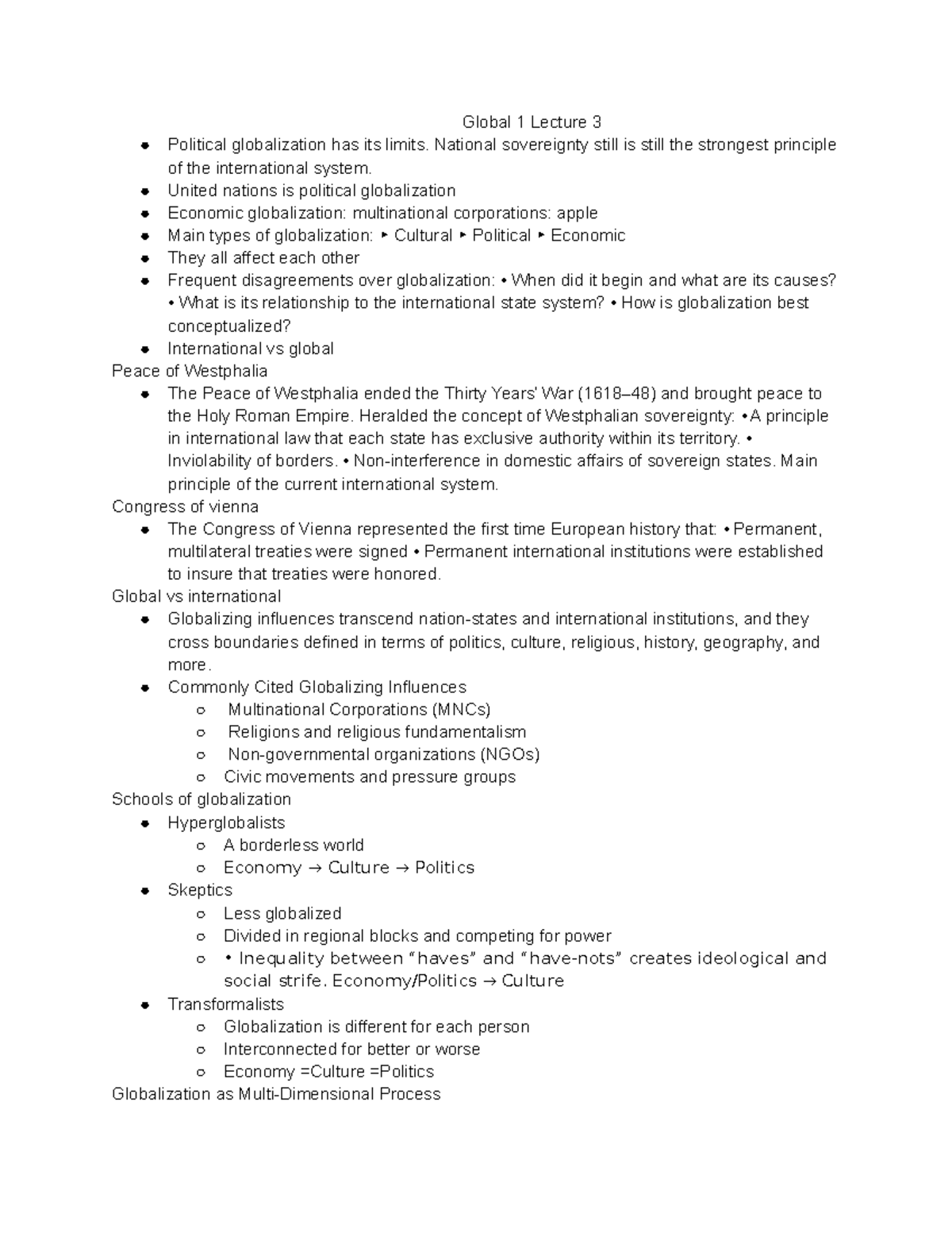 Global 1 notes Lecture 3 - Global 1 Lecture 3 Political globalization ...