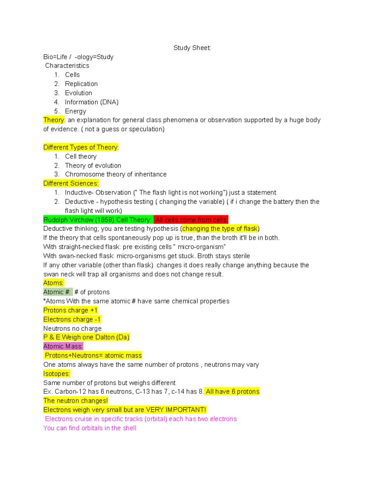 Bio 211 Notes - CHECKED WITH AN A - Study Sheet: Bio=Life / -ology ...
