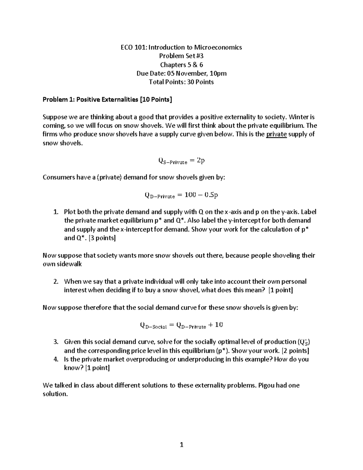 ECO101 Problem Set 3 - ECO 101: Introduction to Microeconomics Problem Set # Chapters 5 & 6 Due ...