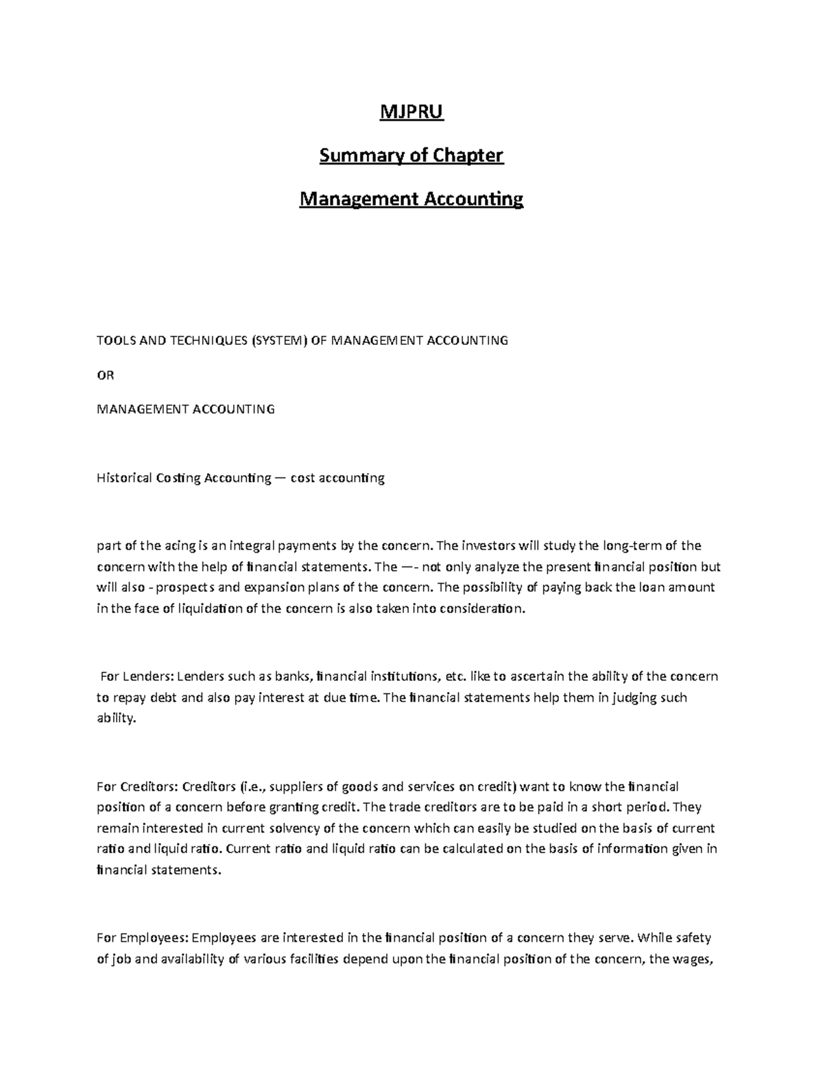 Mjpru 1 - MJPRU Summary of Chapter Management Accounting TOOLS AND ...