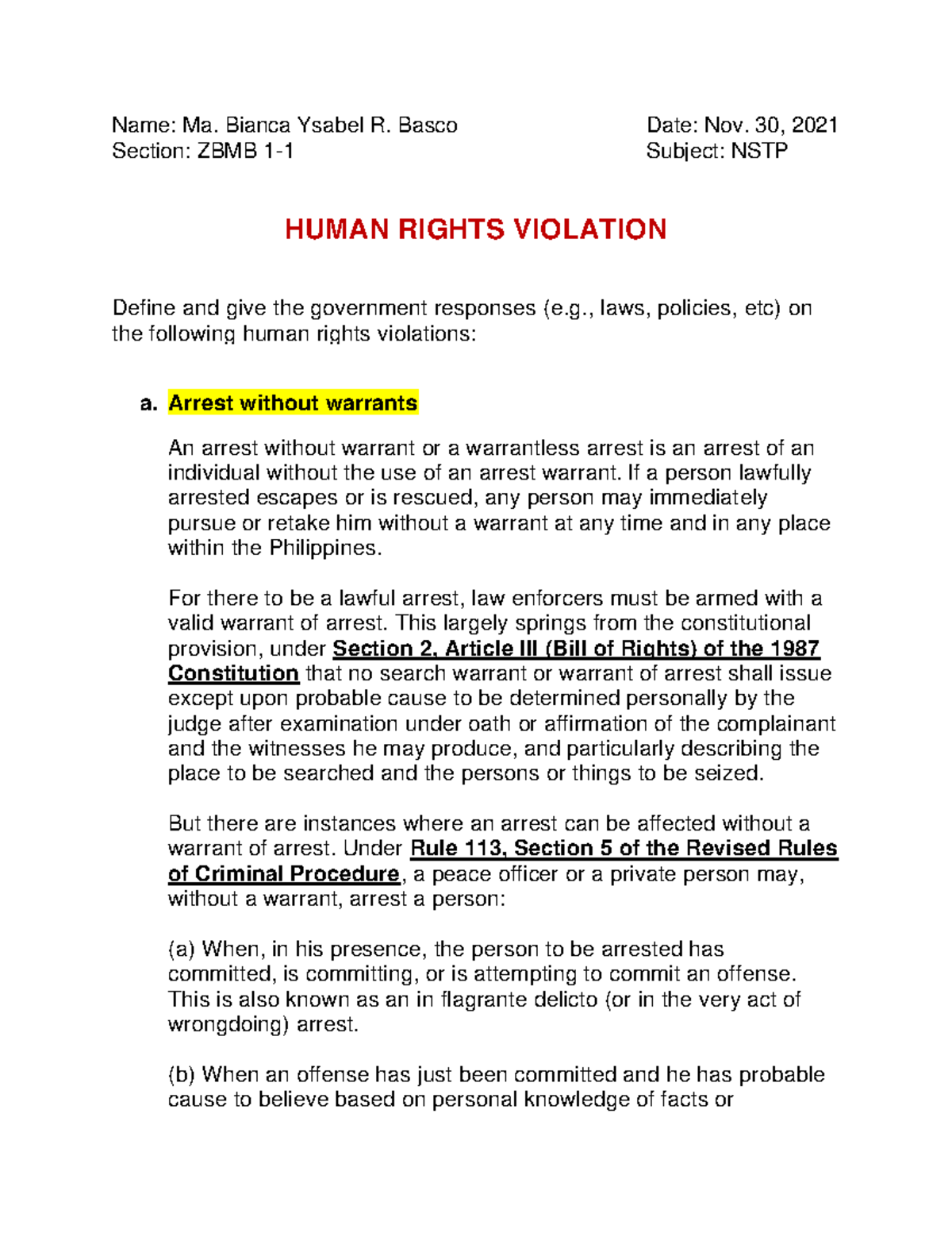 NSTP Human Rights Violation - Name: Ma. Bianca Ysabel R. Basco Date ...