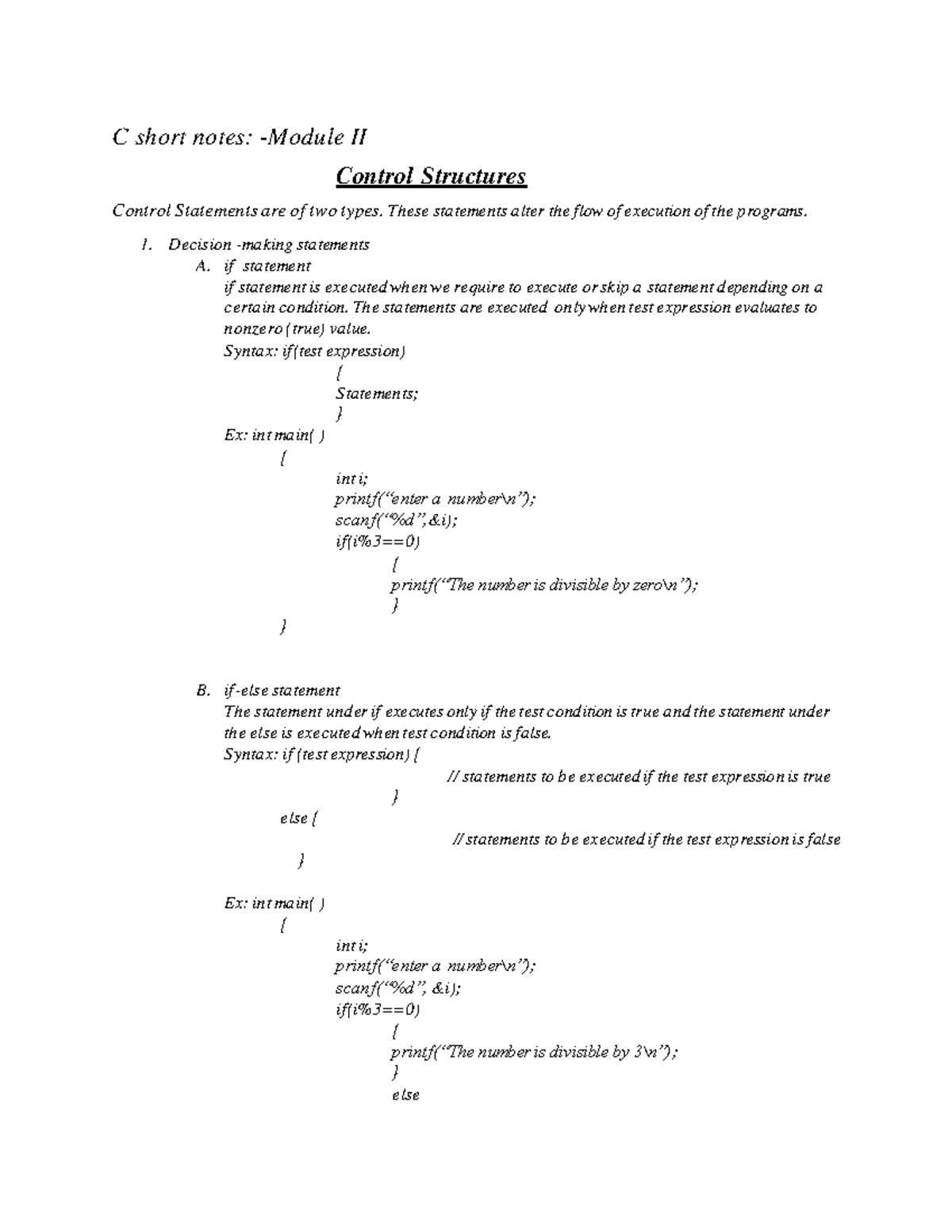 C Short Notes Module Ii For Complementary Course Cs C Short Notes Module Ii Control