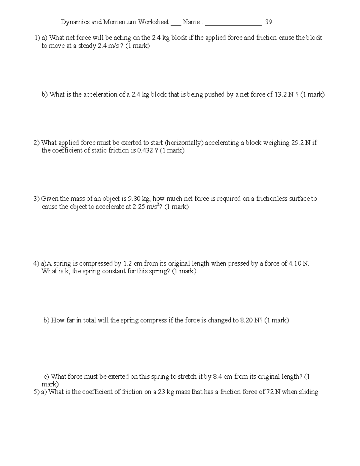 Dynamics worksheet - Dynamics and Momentum Worksheet ___ Name ...