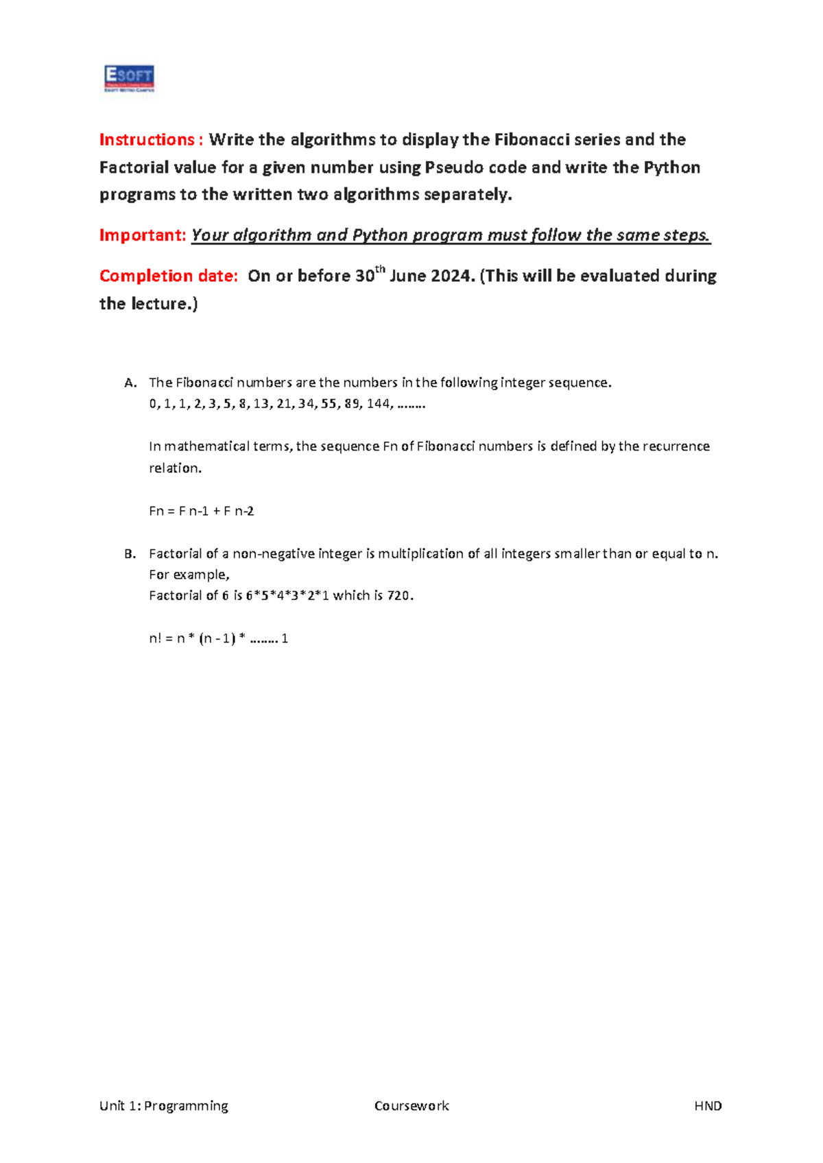 HND- Programming-Coursework - Unit 1: Programming Coursework HND Instructions : Write the ...