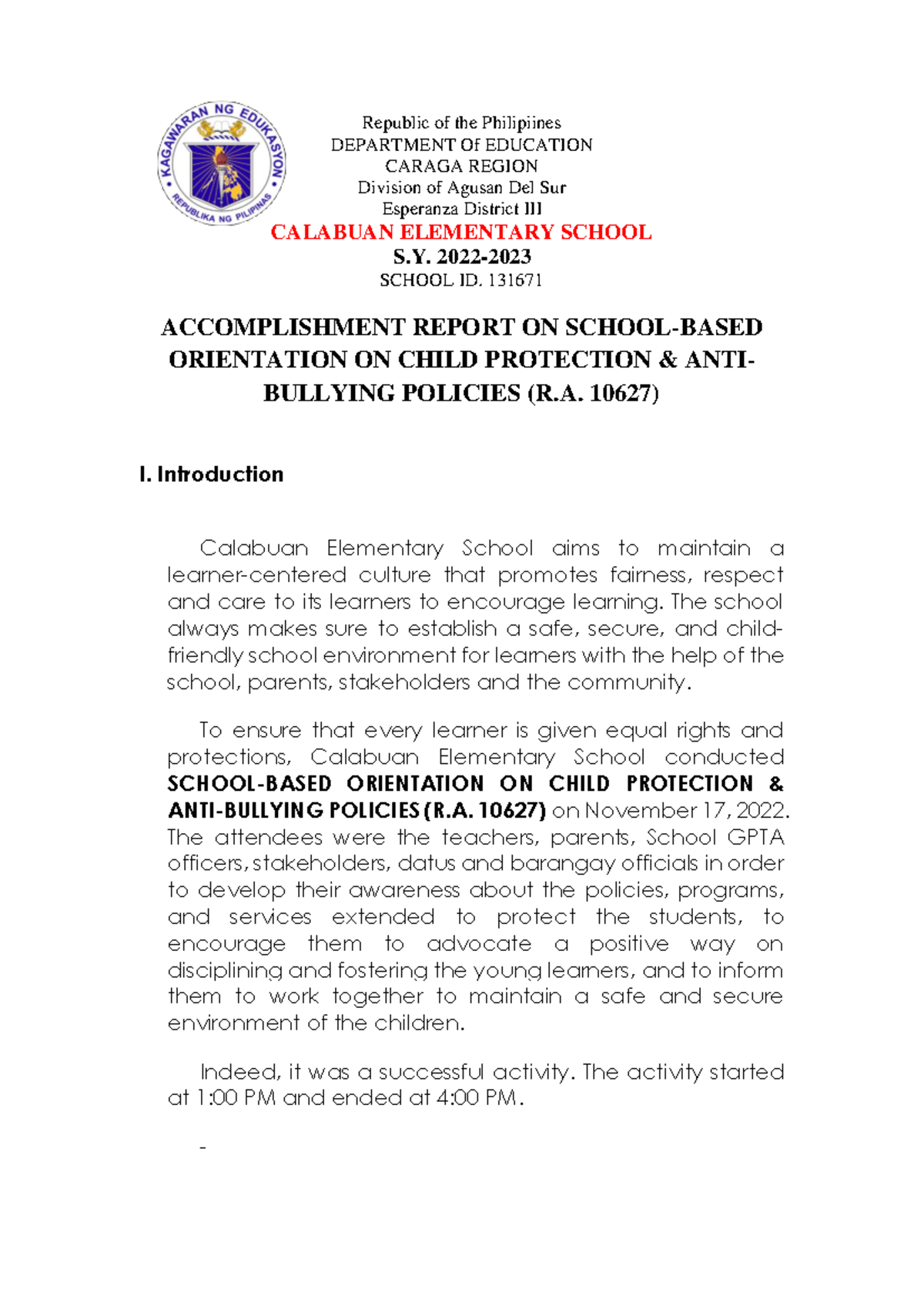 GAD Accomplishment Report 2022 - Republic of the Philipiines DEPARTMENT ...