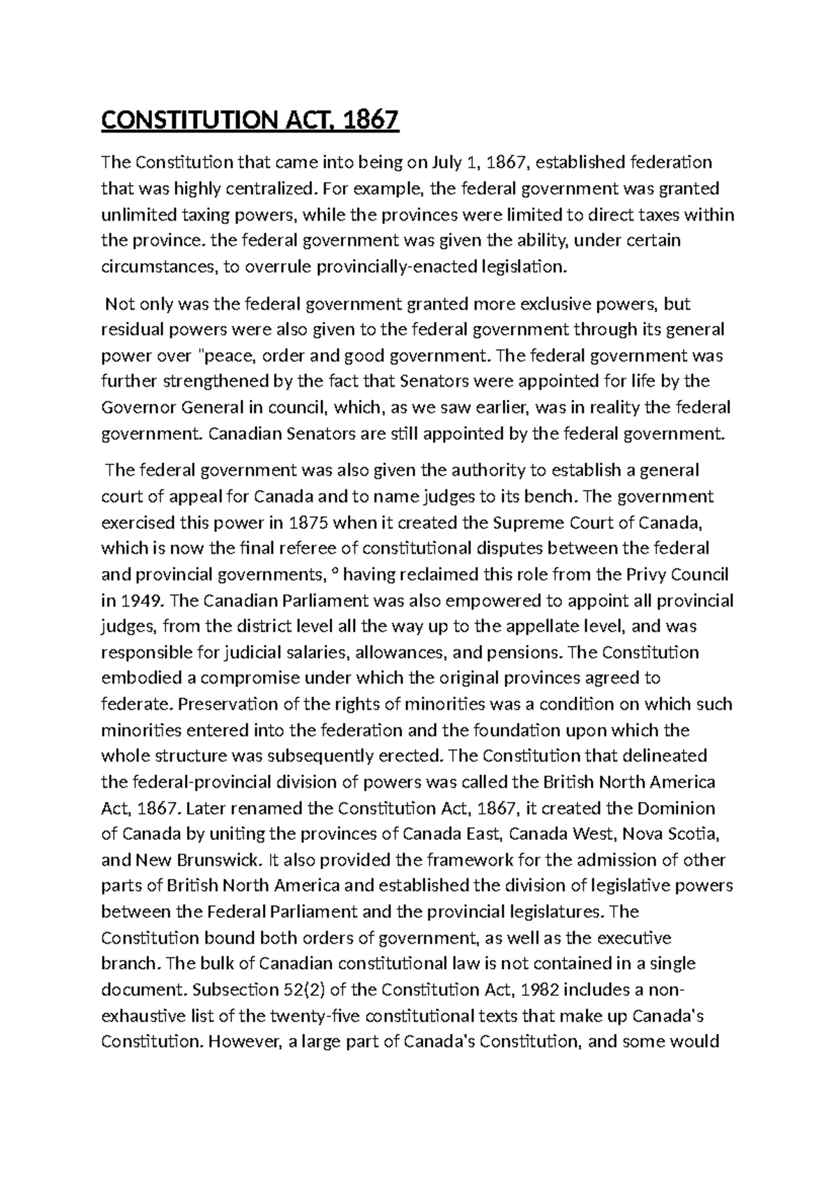 Constitution ACT - CONSTITUTION ACT, 1867 The Constitution that came ...