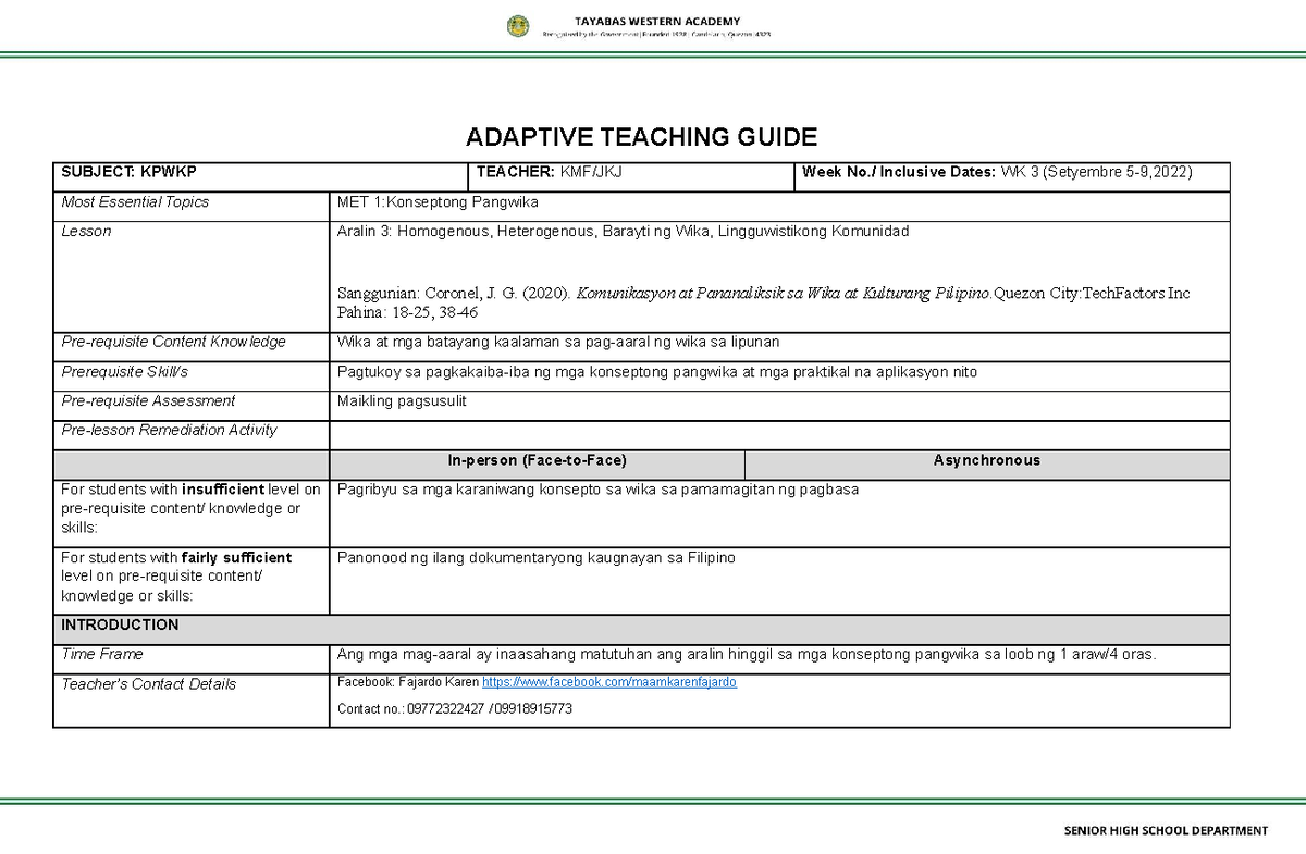 ATG Kpwkp Q1 WK3 KMF JKJ - ATG - ADAPTIVE TEACHING GUIDE SUBJECT: KPWKP ...