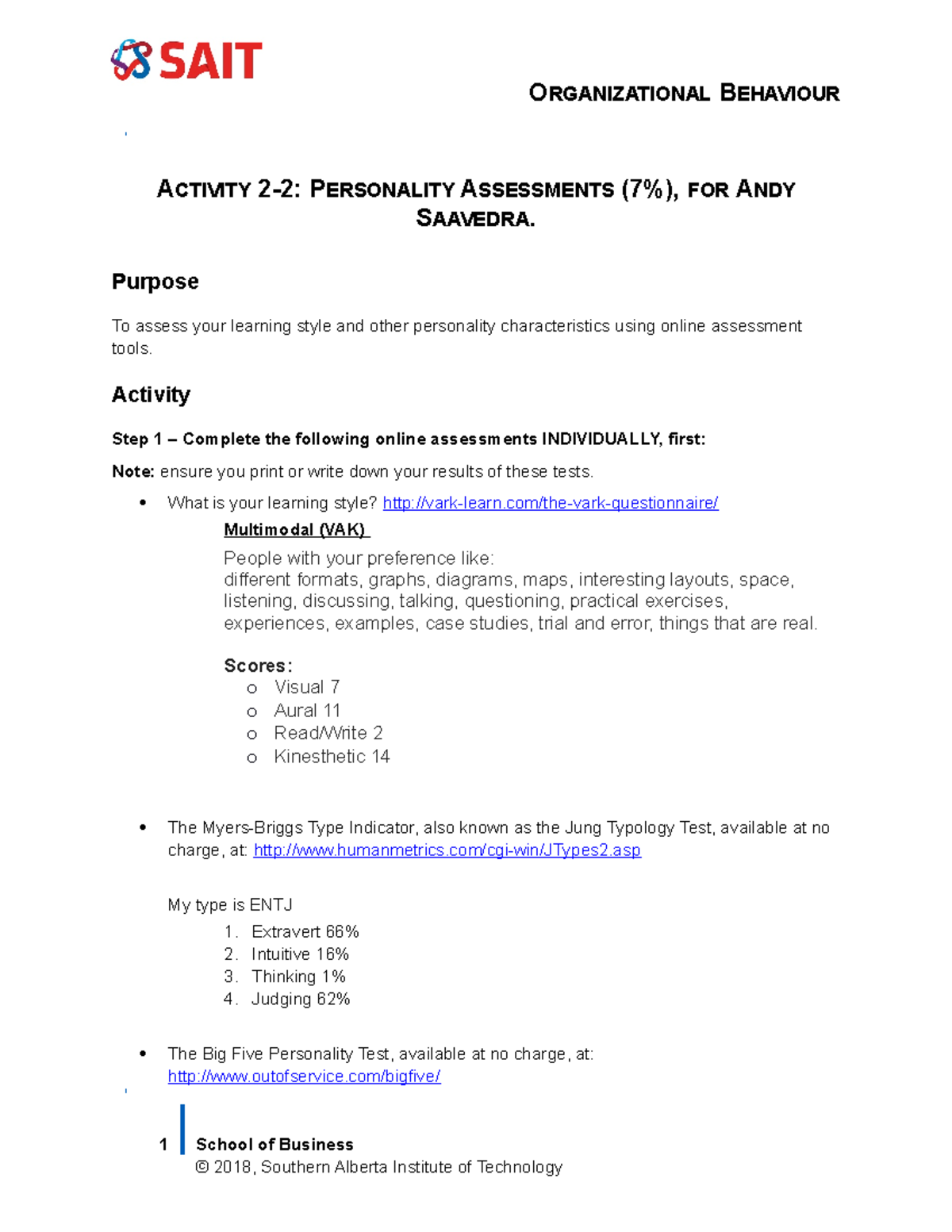 Activity 2-2 Personality Assessments 2 - ORGANIZATIONAL BEHAVIOUR ...