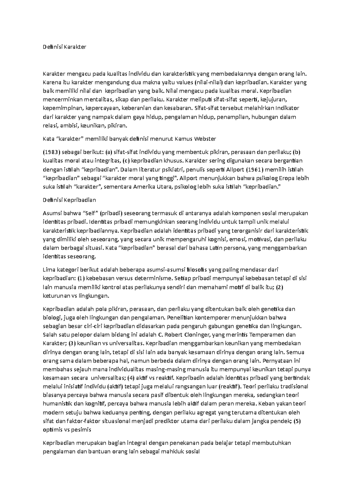 Modul materi pertemuan ke 2 character building 2 - Definisi Karakter Karakter mengacu pada ...