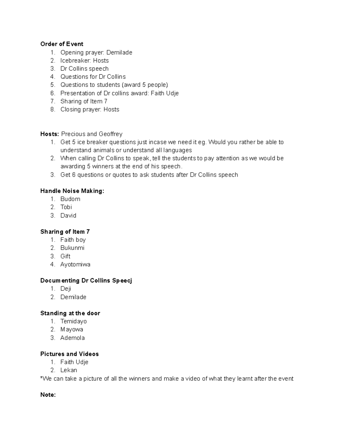 Order of Event - good - Order of Event 1. Opening prayer: Demilade 2 ...