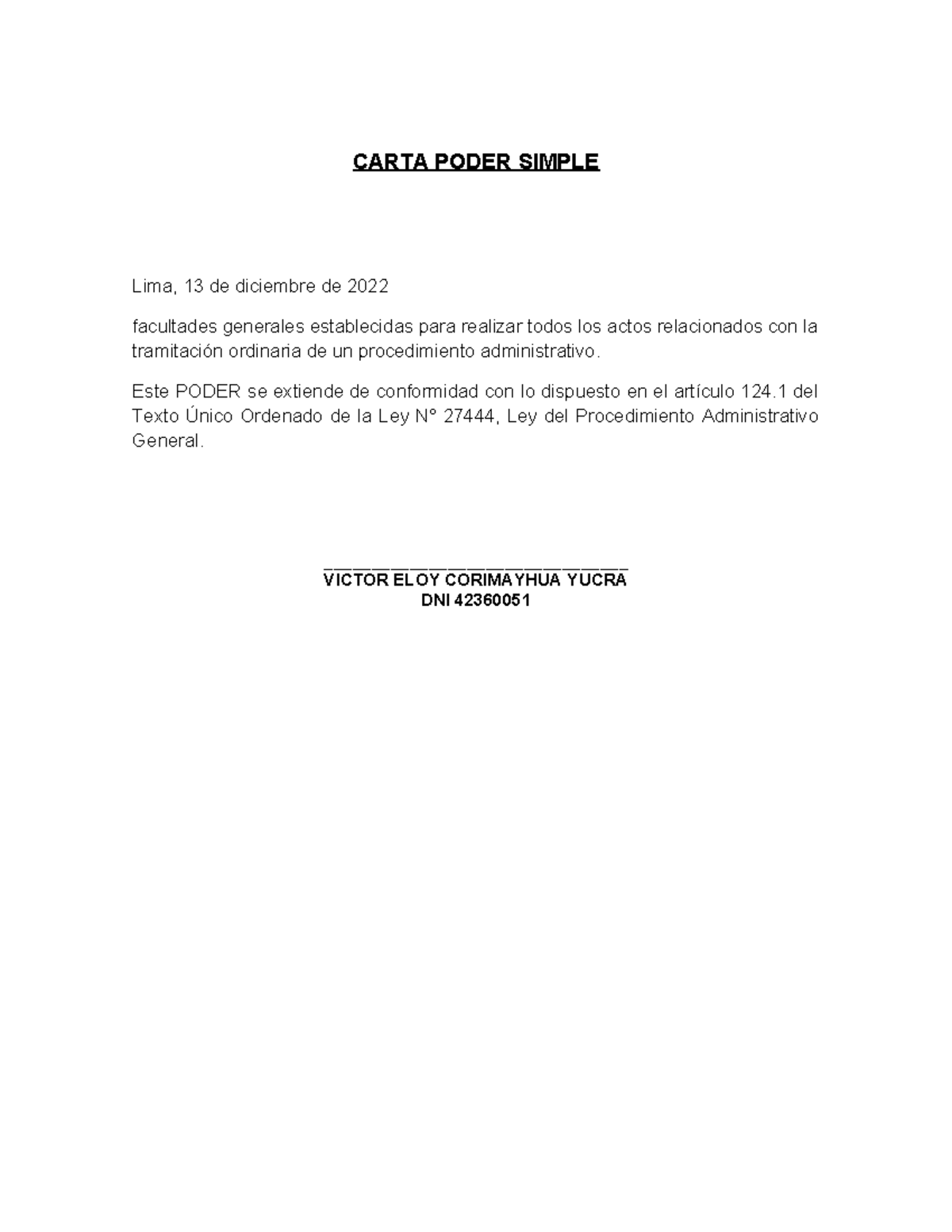 Carta poder simple - CONTABILIDAD GENERAL - CARTA PODER SIMPLE Lima, 13 ...
