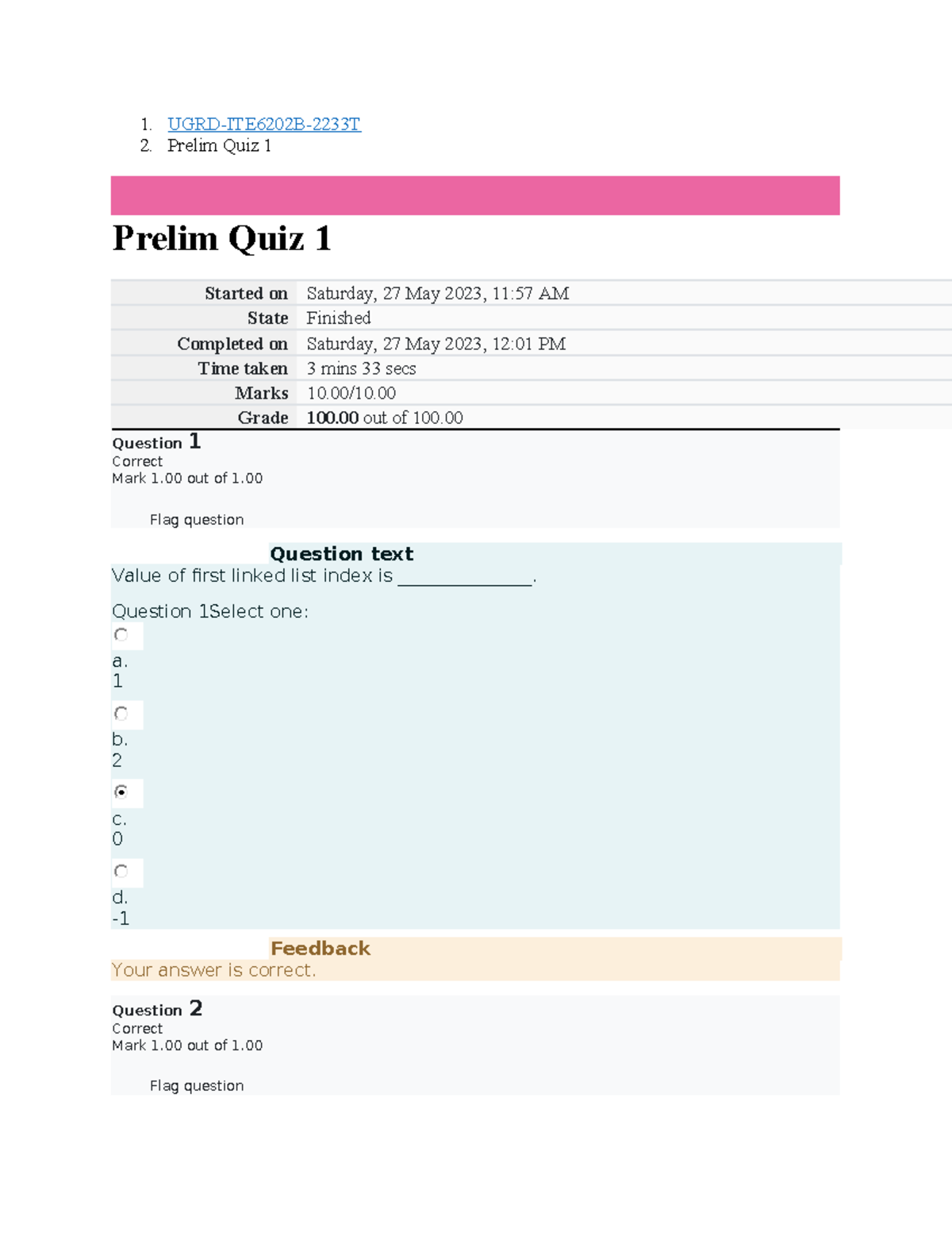 Data struct prelim quiz 1 - 1. UGRD-ITE6202B-2233T 2. Prelim Quiz 1 ...