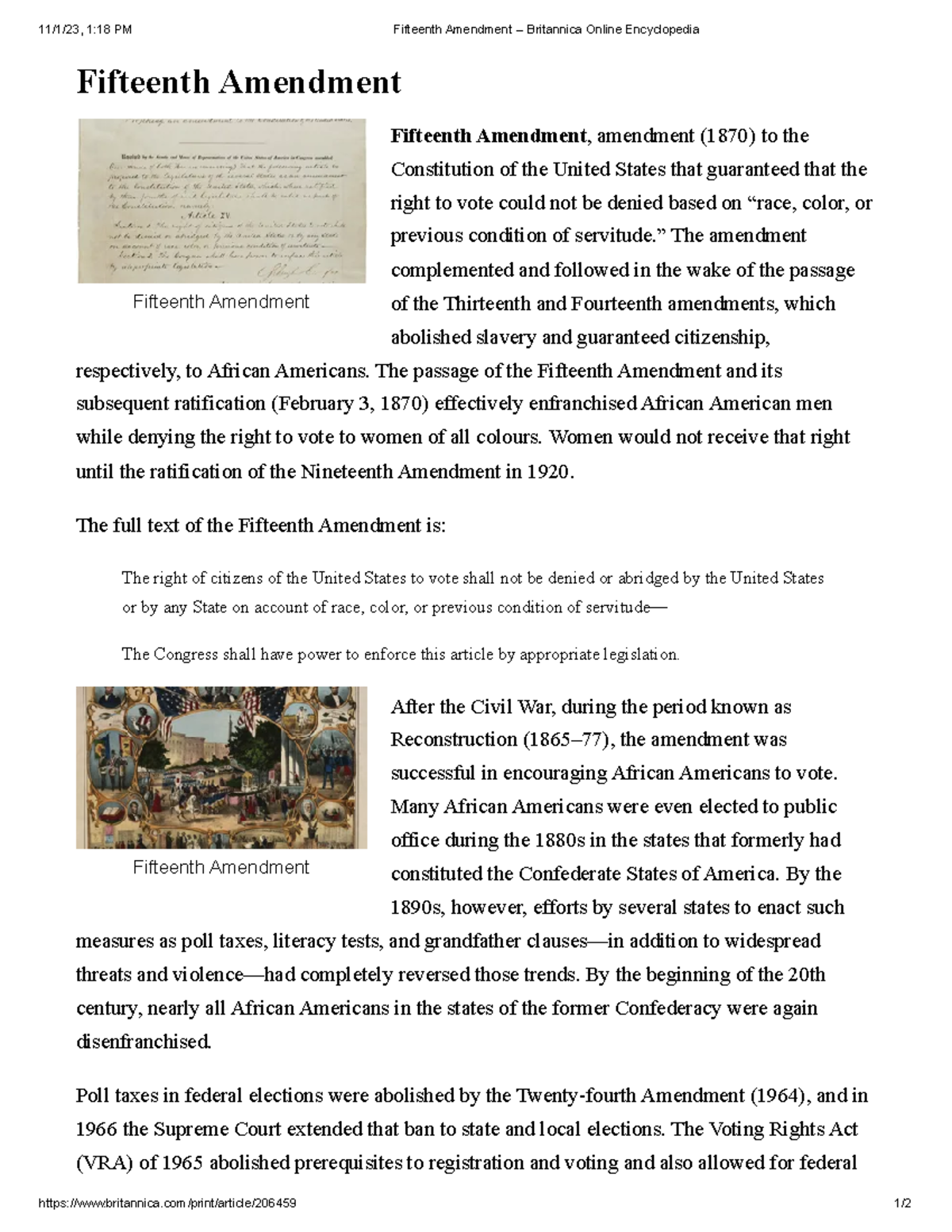 Fifteenth Amendment - Britannica Online Encyclopedia - 11/1/23, 1:18 PM ...