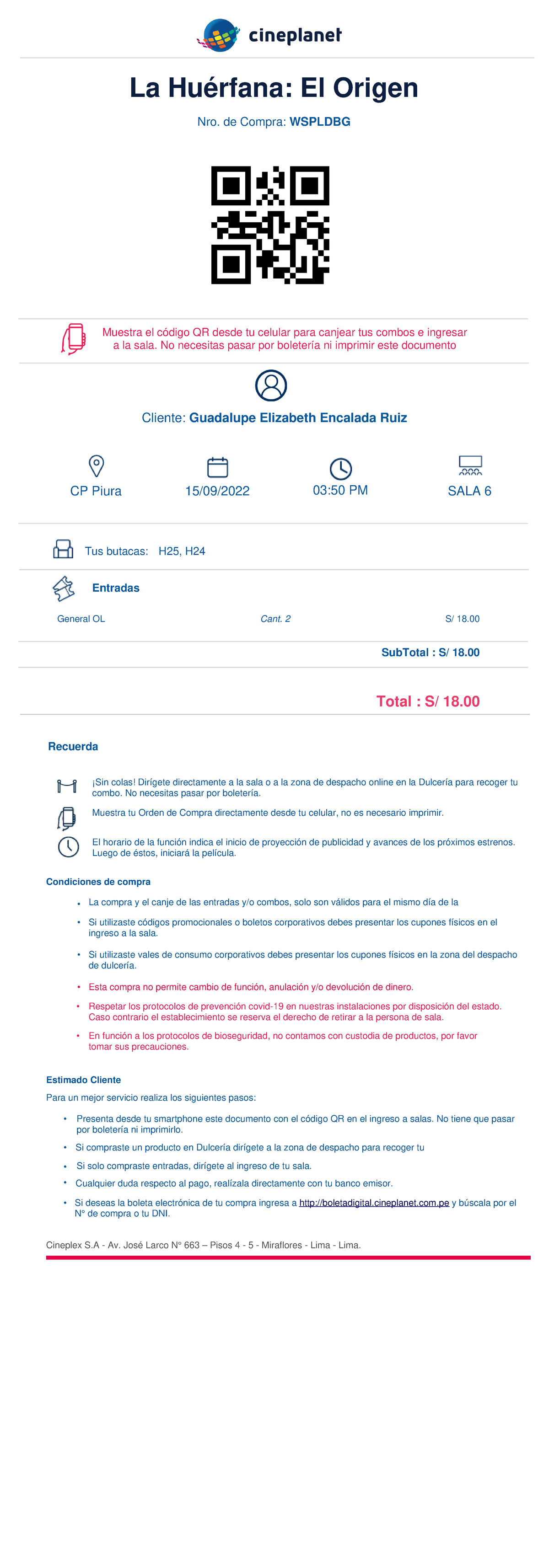 Comprobante - Ftyr - La Huérfana: El Origen Muestra el código QR desde ...
