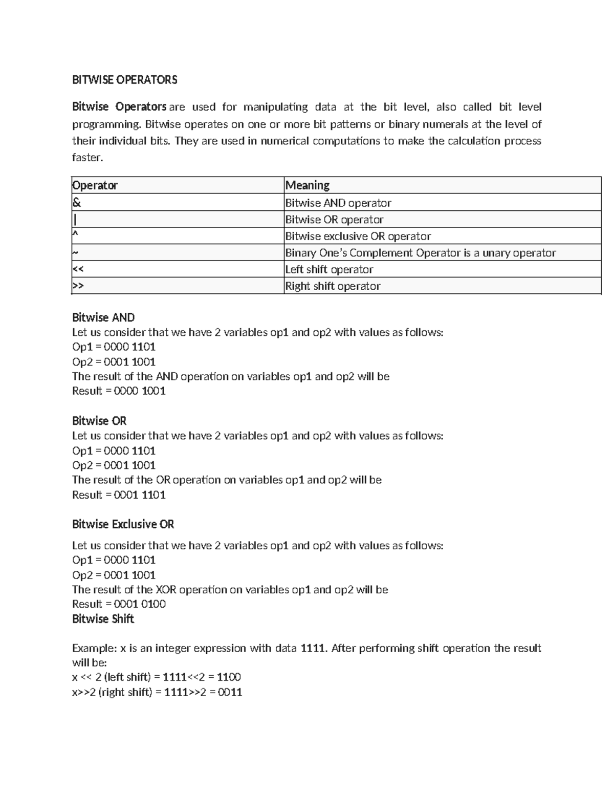 Bitwise Operators Bitwise Operators Bitwise Operators Are Used For Manipulating Data At The