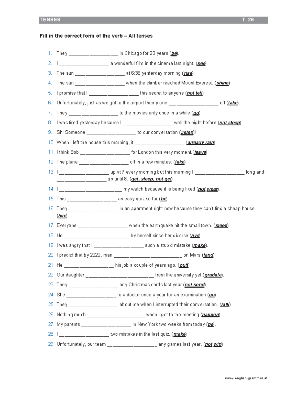 Tenses Activity 2 - TENSES T 26 english-grammar Fill in the correct ...
