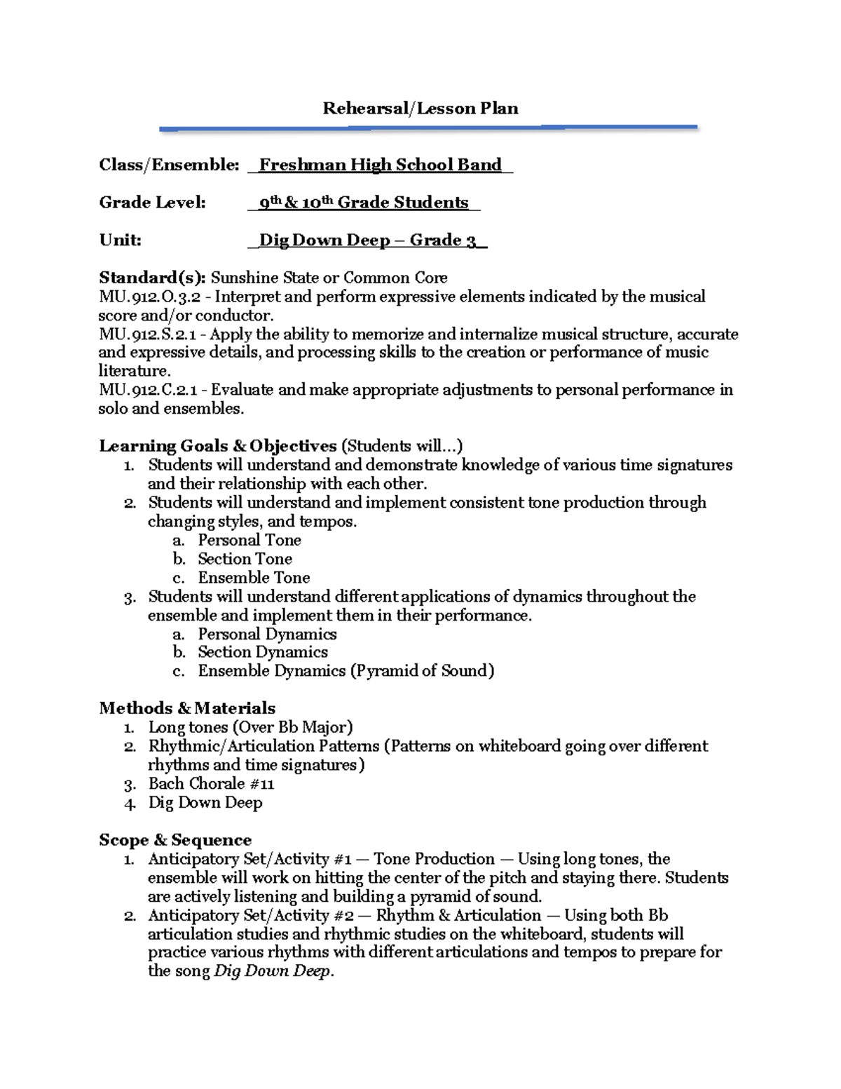 Dig Down Deep - Rehearsal Plan - Rehearsal/Lesson Plan Class/Ensemble ...