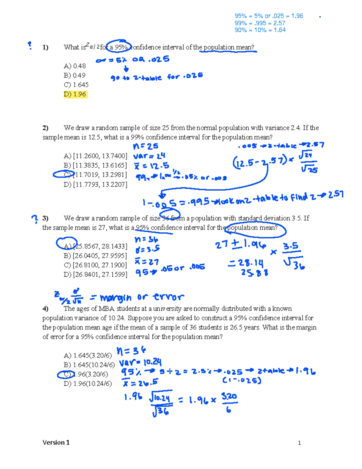 Review Ch#8 - Step by step to solve each problem - What is for a 95% confidence interval of the ...
