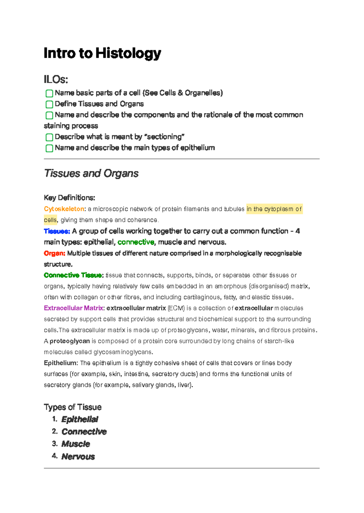 Introduction to Histology - I n t ro to H i s to l o g y ILOs: Name ...