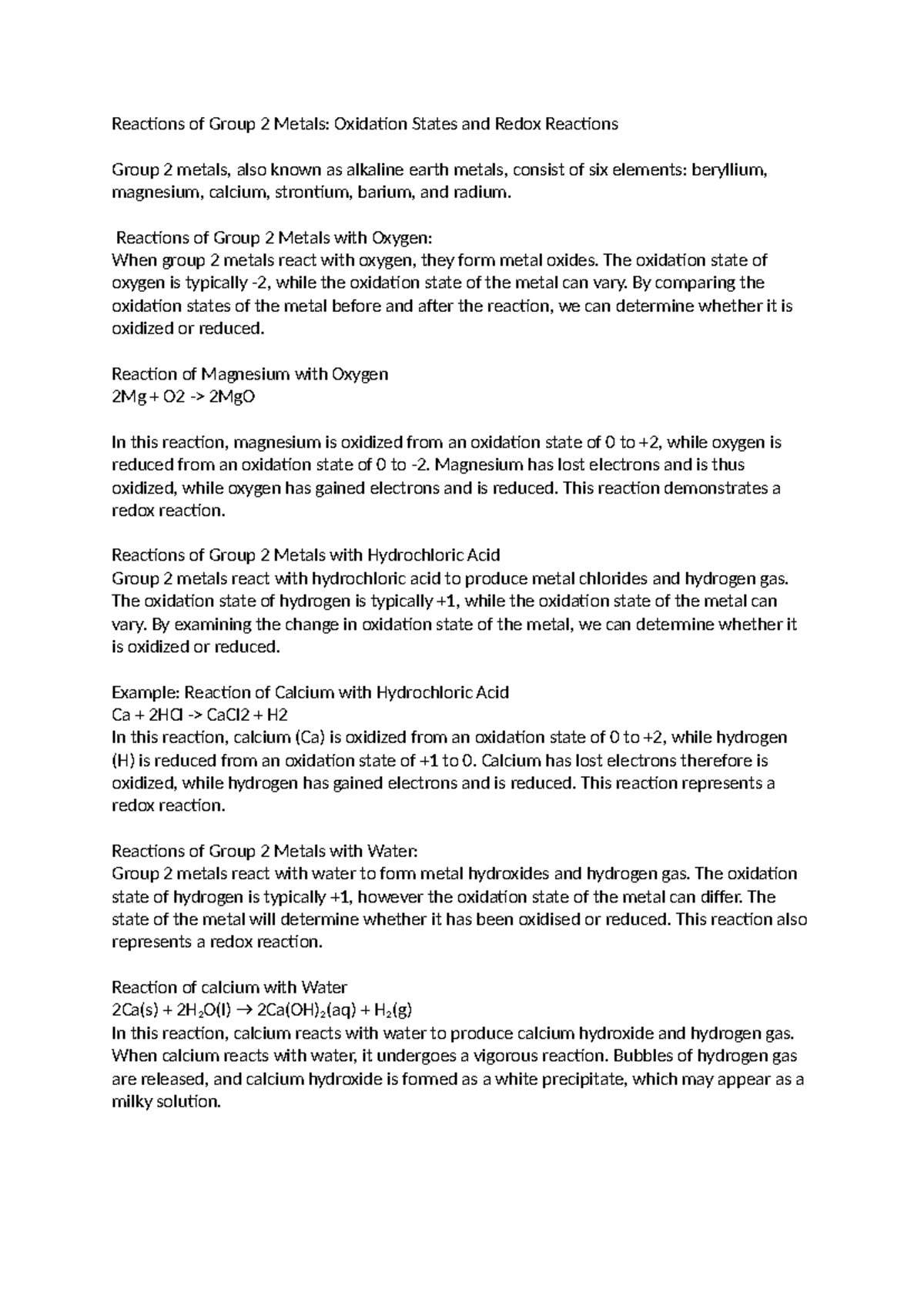 Reactions of Group 2 Metals - Reactions of Group 2 Metals: Oxidation ...