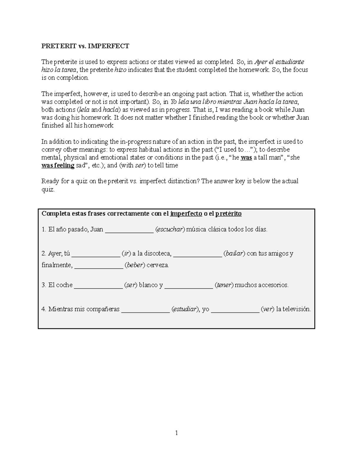 Notes on the preterite vs. imperfect distinction (SPAN 2312-Fall 2018 ...