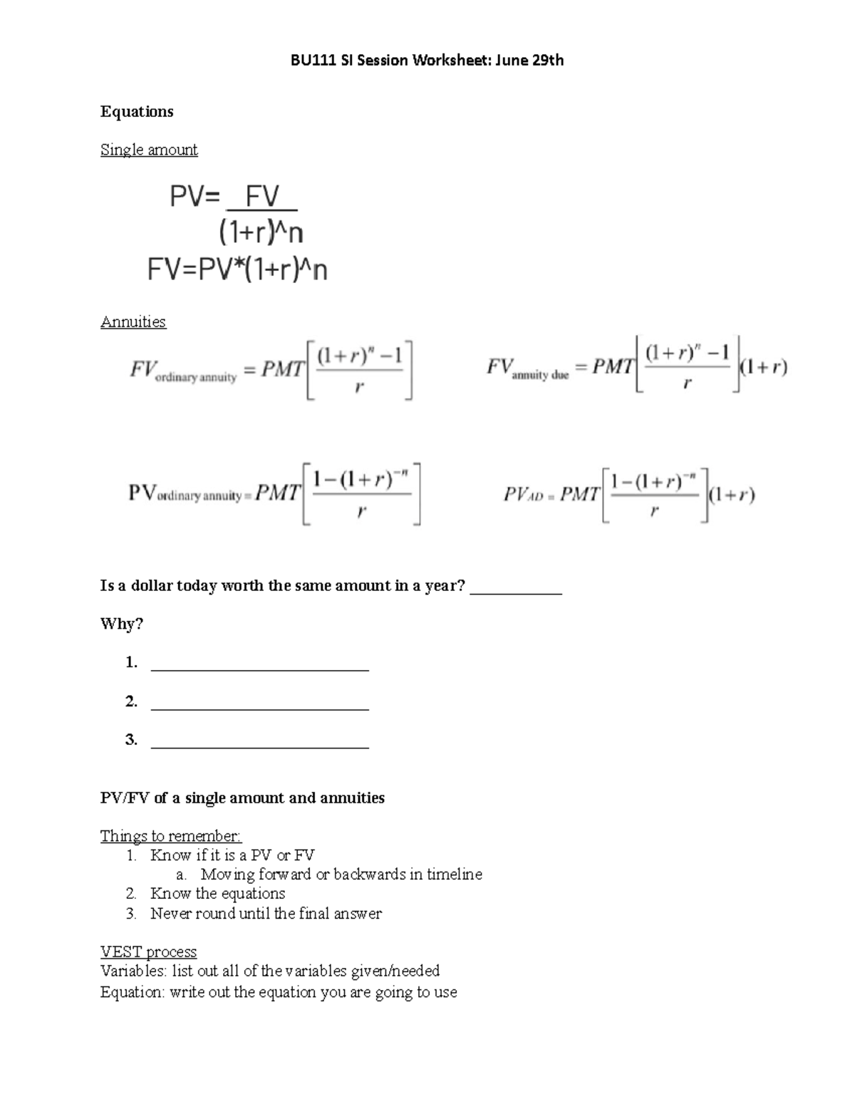 BU111 Worksheet - TVM - BU111 SI Session Worksheet: June 29th Equations ...