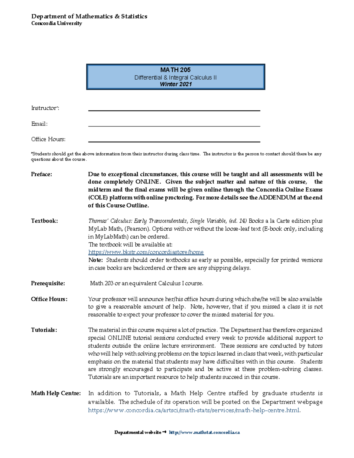 Course Outline - MATH 205 (Winter 2021) - Departmental website mathstat ...