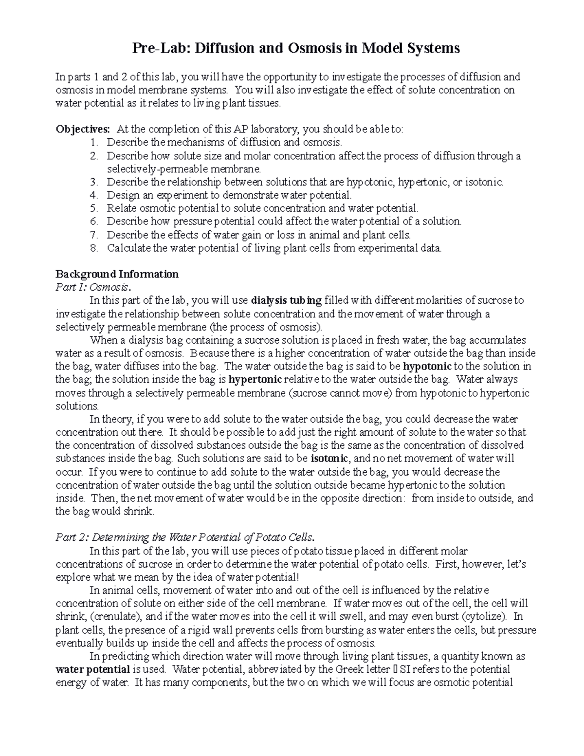 Osmosis and diffusion lab - Pre-Lab: Diffusion and Osmosis in Model ...