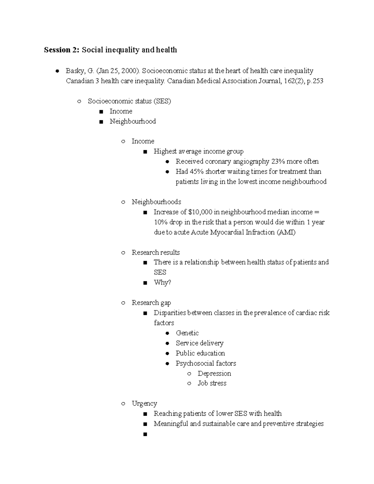 HLST 1011: Foundations of Health Studies II notes - Session 2: Social ...