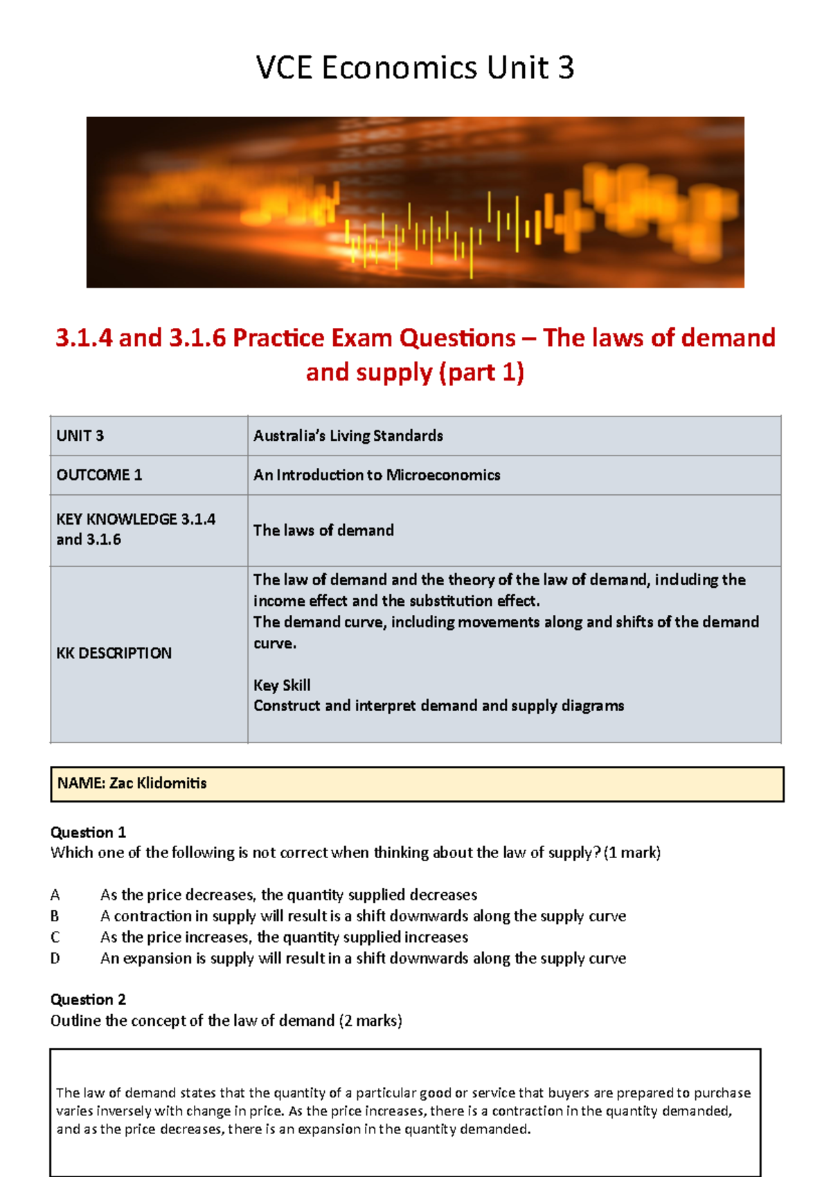 3.1.4 and 3.1.6 PEQ The laws of demand and supply (part 1) - VCE ...