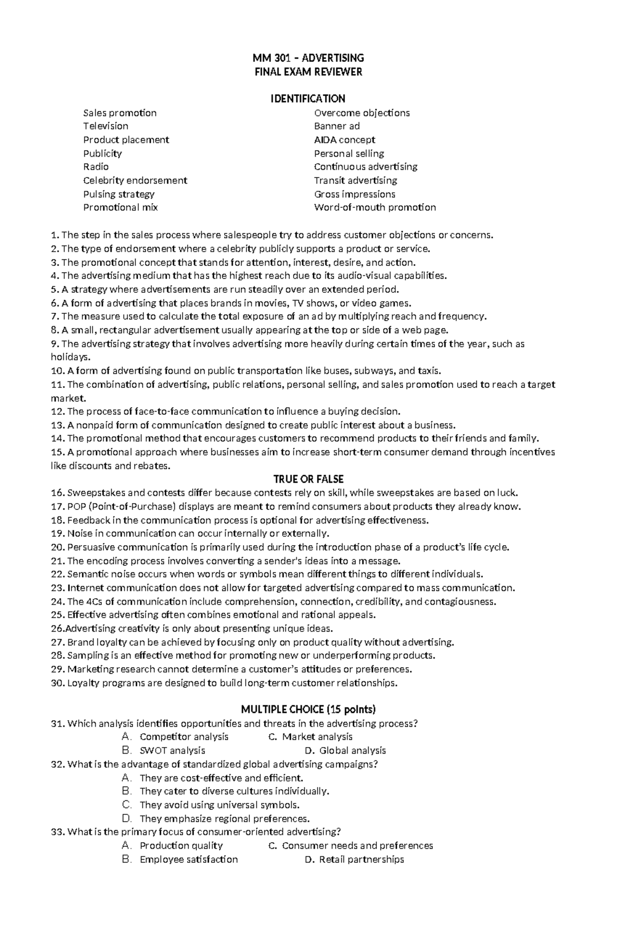 MM301- Finalexam Reviewer - MM 301 – ADVERTISING FINAL EXAM REVIEWER IDENTIFICATION Sales ...