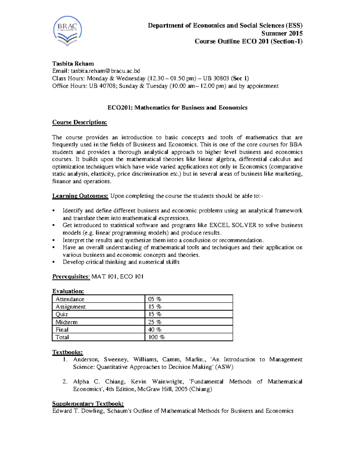 ECO201 Mathematics for Business & Economics Course Outline Bracu ...