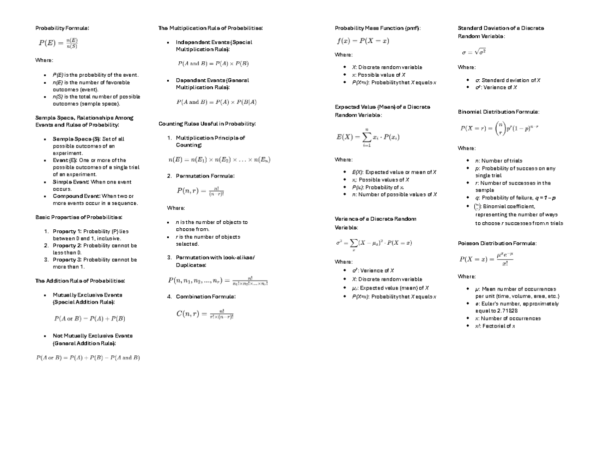 Quantitative Methods Formulas - Probability Formula: Where: P(E) is the ...