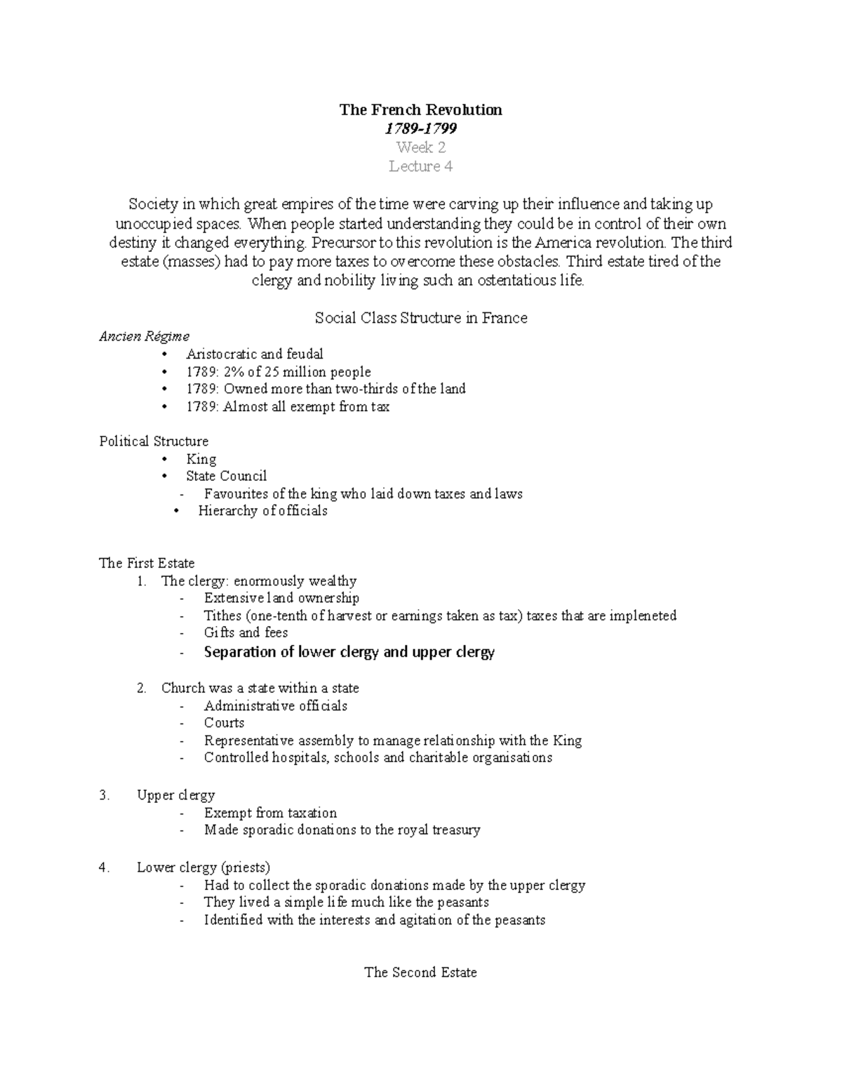 Lecture 4 French Revolution - The French Revolution 1789- Week 2 ...