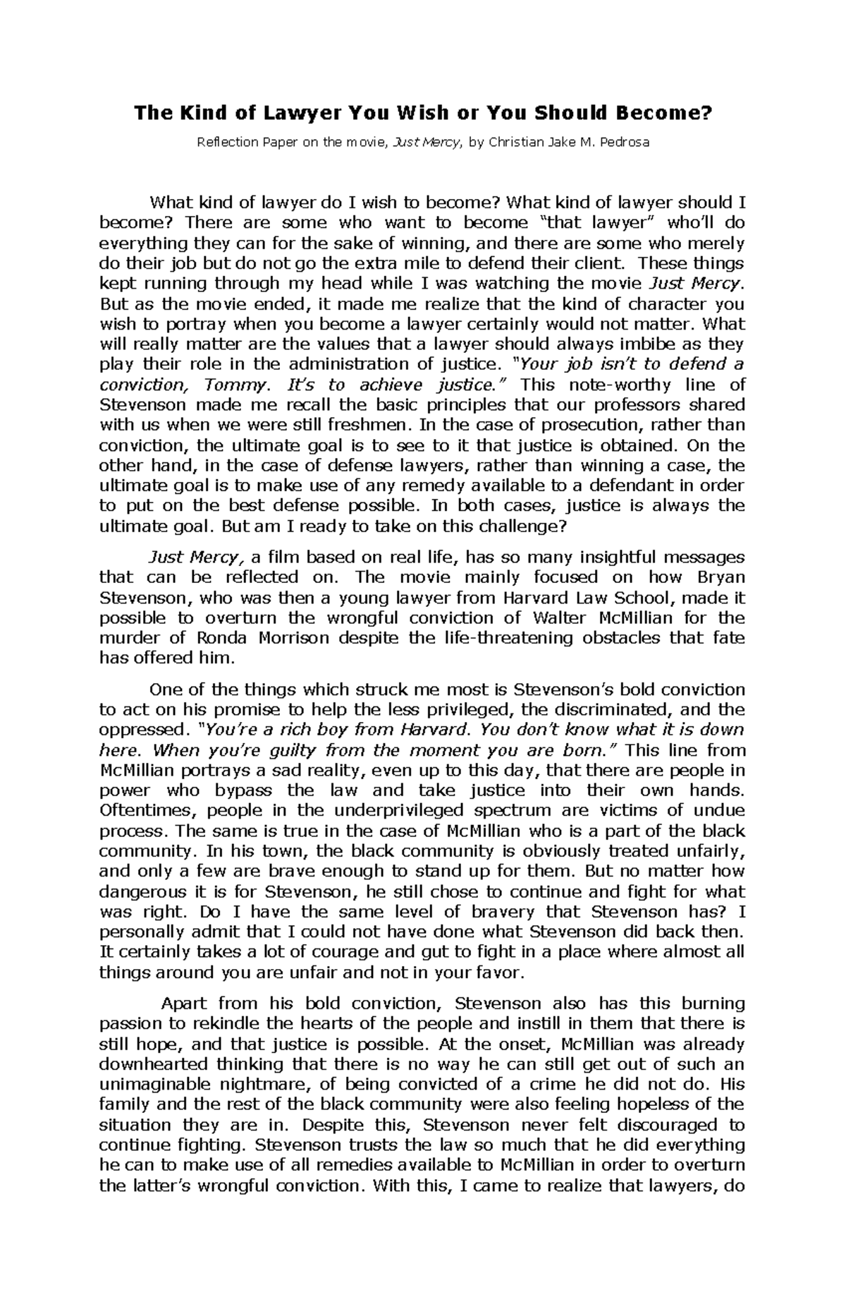 Reflection Paper on Just Mercy - The Kind of Lawyer You Wish or You ...