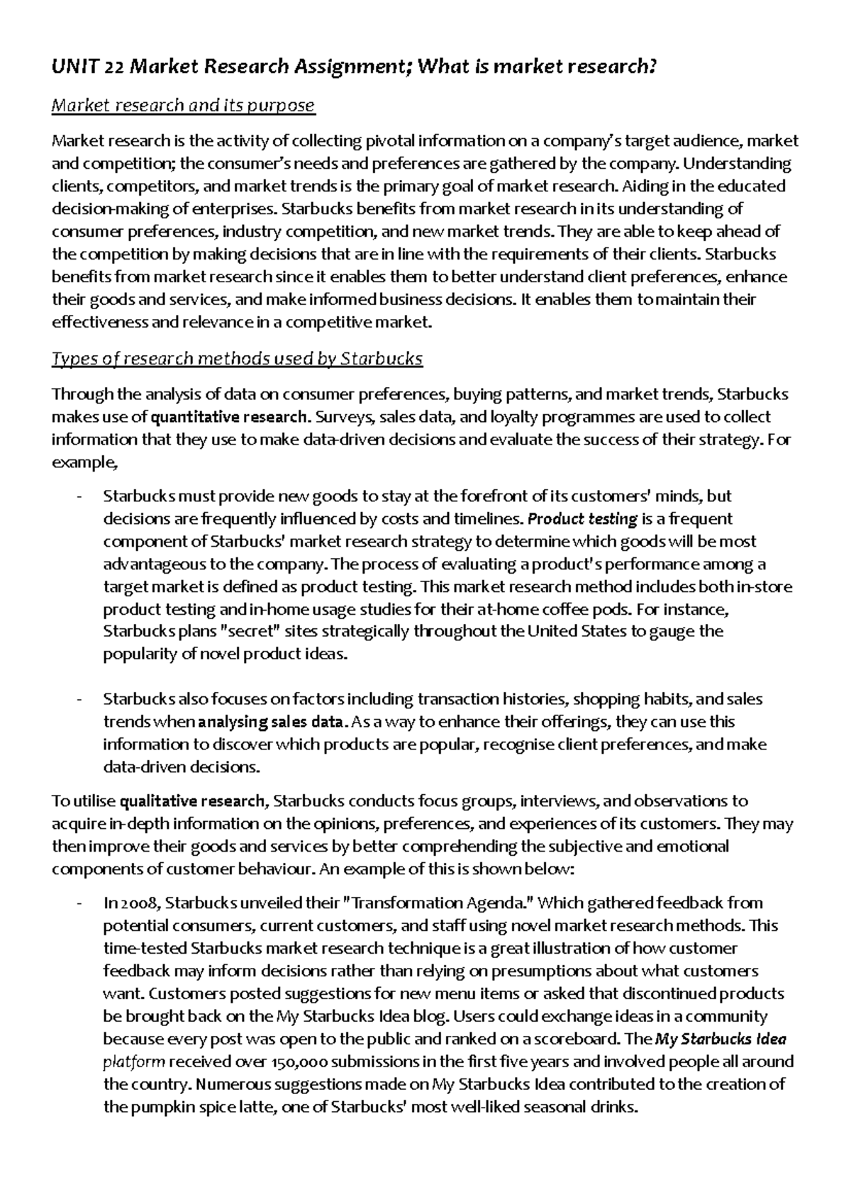 Market Research Methods and Objectives of Starbucks - Studocu