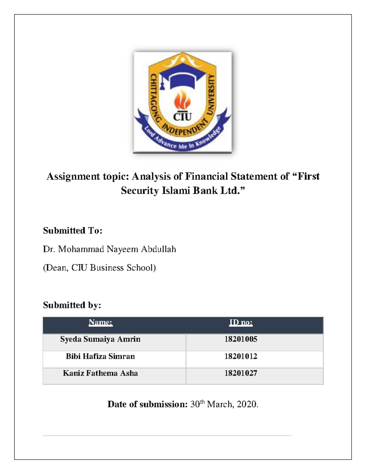 Bank Management First security islami bank ltd - Assignment topic ...