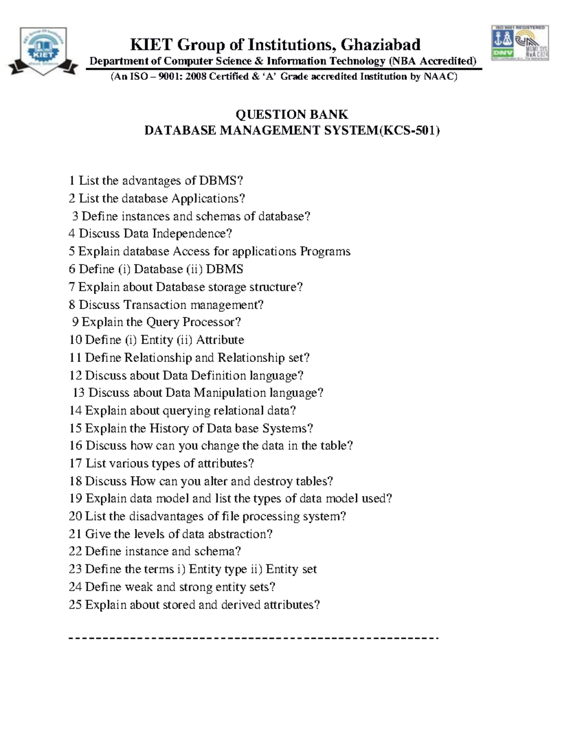 DBMS question bank - VF FVFDVDSD FVF FV - Department of Computer Science & Information - Studocu